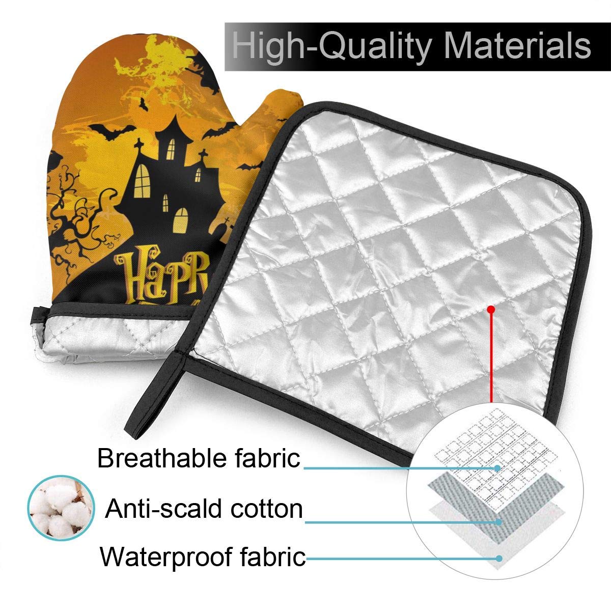 Halloween Funny Oven Mitts and Pot Holders Sets Heat Resistant Oven Gloves with Non-Slip Surface for Reusable for Baking BBQ Cooking