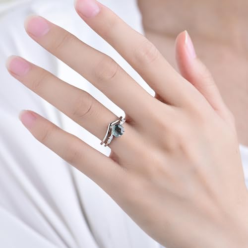 ITI KUOLOLIT 1.5ct Natural Moss Agate Ring Sterling Silver Hexagon Shaped Engagement Ring Green Agate Promise Wedding Rings for Women (Moss Agate-White, 7)