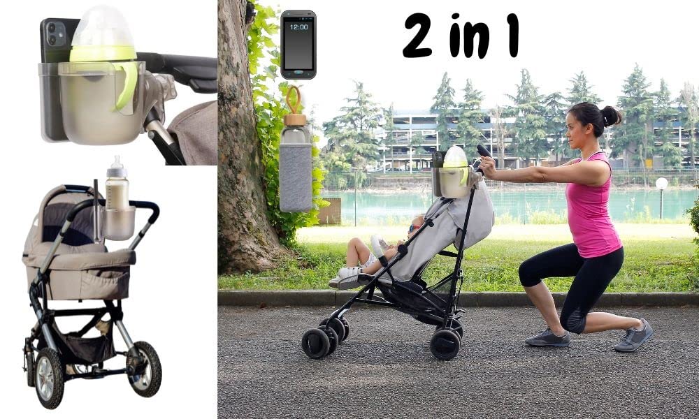 JASMARAZZRE Stroller Cup Holder with Phone Holder, Stroller organizer, accessories for bike, scooters, wheelchair, walking aid. Universal fit Clear
