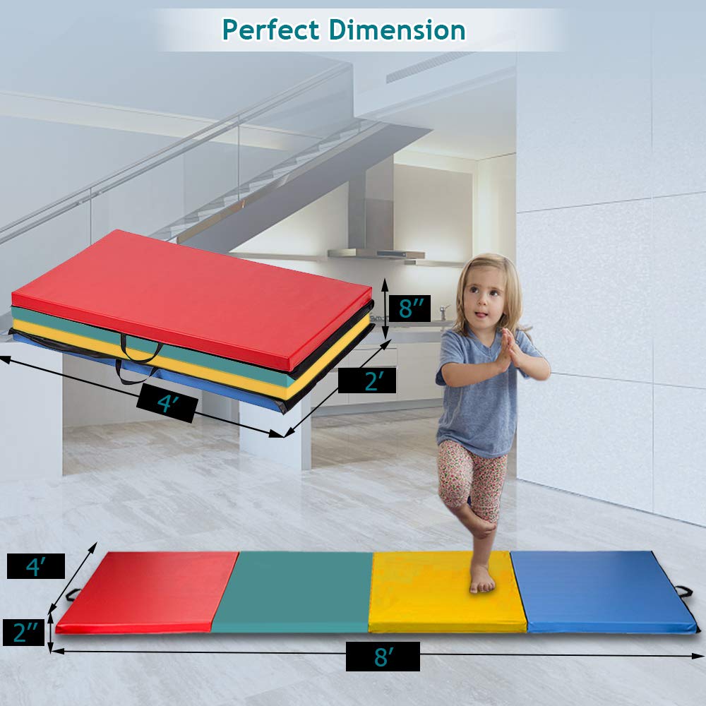 Gym Exercise Mat, Gymnastics Mat 4'x8'x2 Thick Foldable Panel Aerobics Exercise Fitness Tumbling Mat PU Leather with Handle Home Gym Floor Training Pad for Yoga Pilates Light Stretching Martial Arts