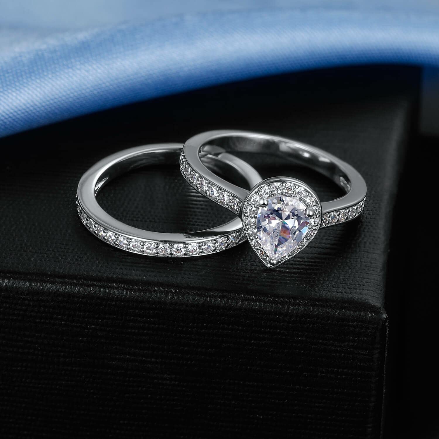 Gemsme Wedding Engagement Rings Set, 18K White Gold Plated Teardrop Cut Cubic Zirconia Halo Promise Ring for Women (8)
