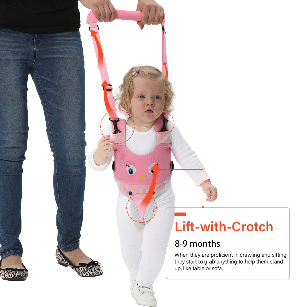 Handheld Baby Walking Harness for Kids, Adjustable Toddler Walking Assistant with Detachable Crotch, Safe Standing & Walk Learning Helper for 8+ Months Baby (Pink-Chick) (Grey-Puppy)