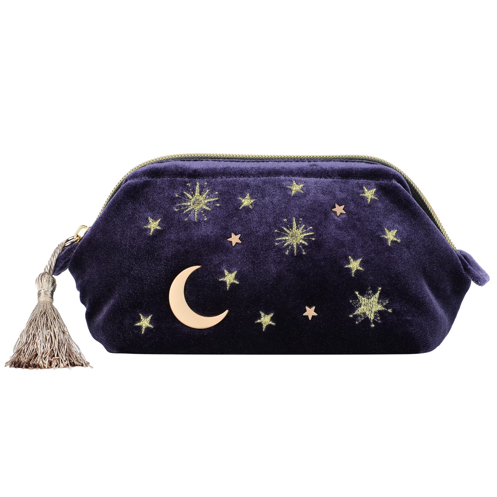 Handy cosmetic makeup bag,Navy Velvet Embroidered Applique Moon Stars Cosmetic Bag,Starry Makeup Pouch with Tassels & Pearl Zipper,Beautician Storage Bag