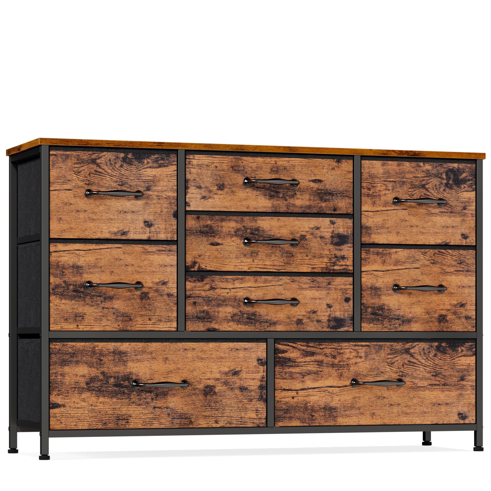 Furnulem Wide Dresser with 9 Large Drawers for 55'' Long TV Stand Entertainment Center,Wood Shelf Storage for Bedroom,Living Room,Closet,Entryway,Sturdy Metal Frame (Rustic Brown
