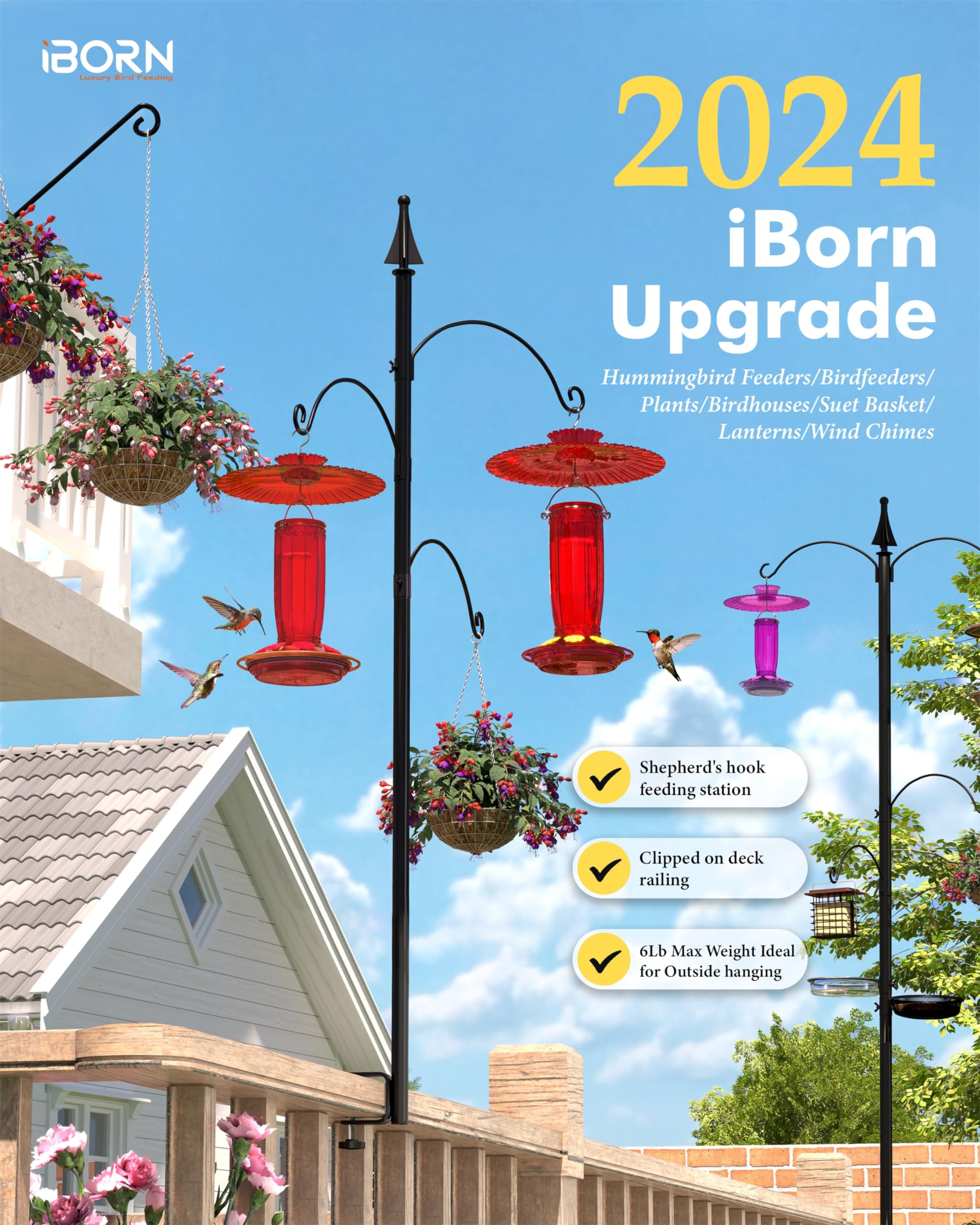 iBorn Shepherds Hooks for Outdoor Clamp On Deck Hook for Bird Feeder 45 Inch Bird Feeder Hangers for Deck Railing Humming Bird Feeders Hanging Tri-Hooks 2024 New (Feeders are Not Included)