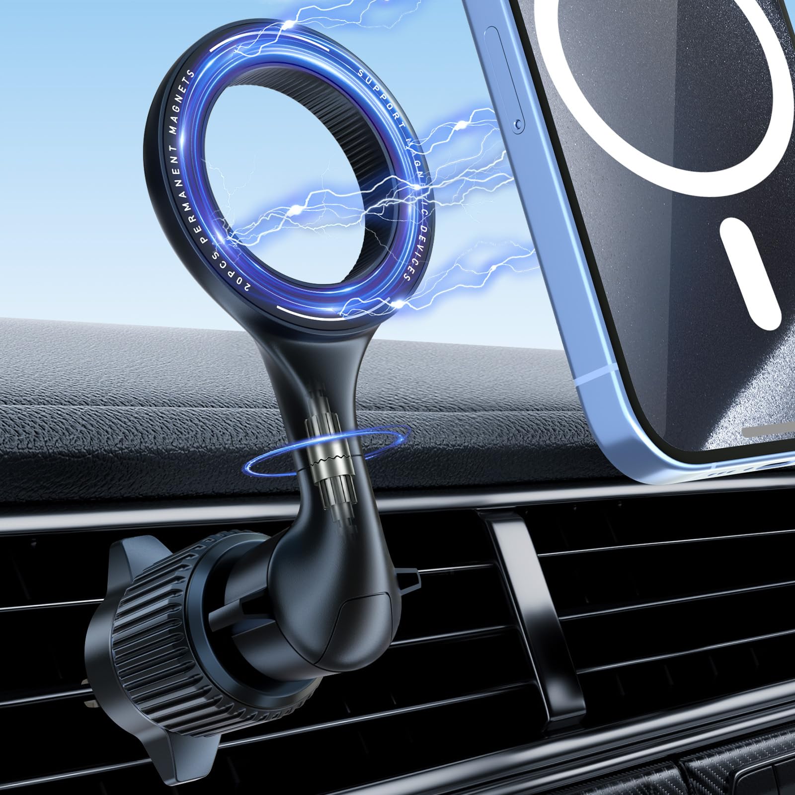 Holdersafe Fits Magsafe Car Mount for iPhone: [20 Powerful Magnets] Magnetic Air Vent Phone Holder [1080° Adjustable] Compatible iPhone 15 14 13 12 Pro Plus Max Mini & MagSafe Case & All Cell Phones