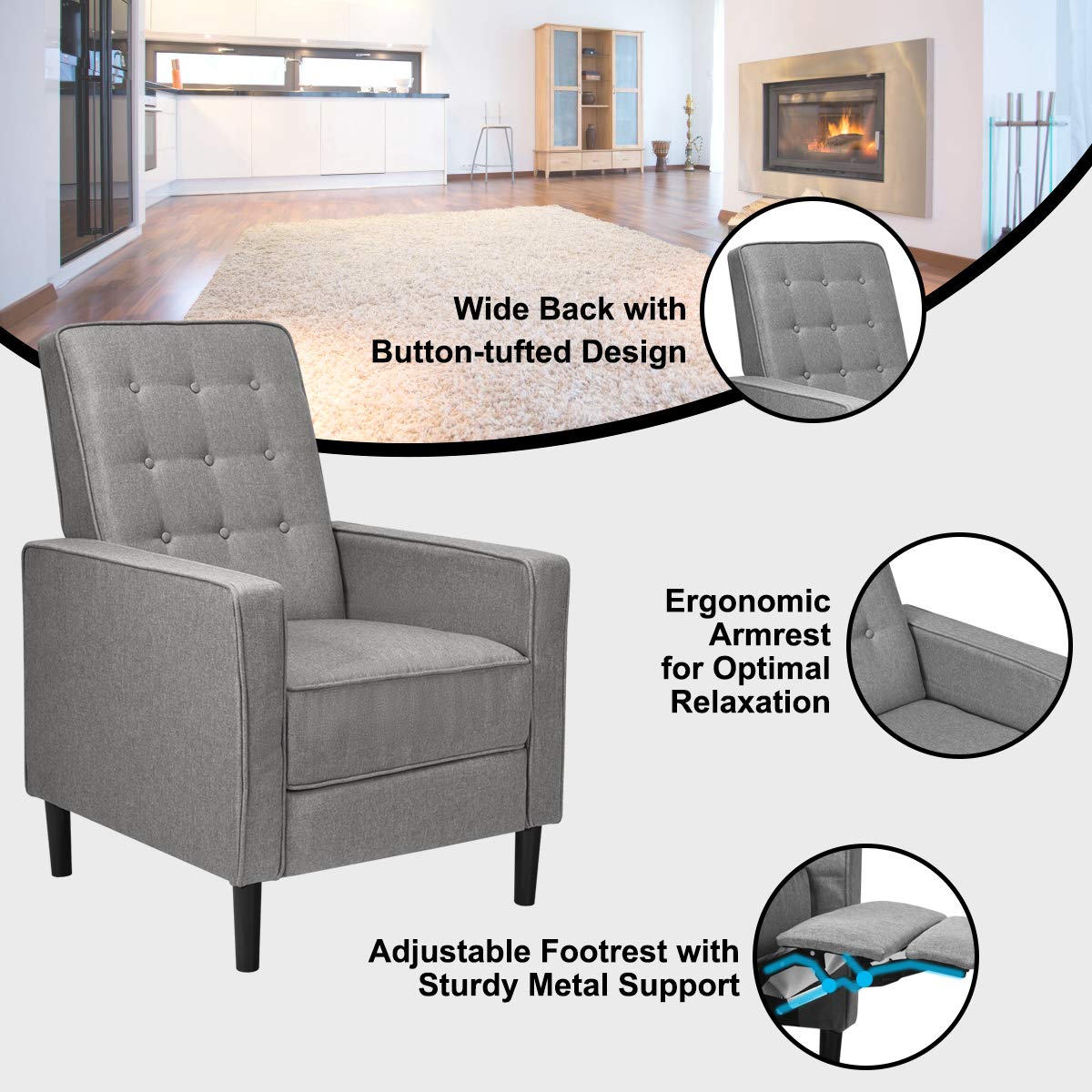 Giantex Set of 2 Push Back Recliner Chair, Modern Fabric Recliner w/Button-Tufted Back, Accent Arm Chair for Living Room, Bedroom, Home Office (Grey)
