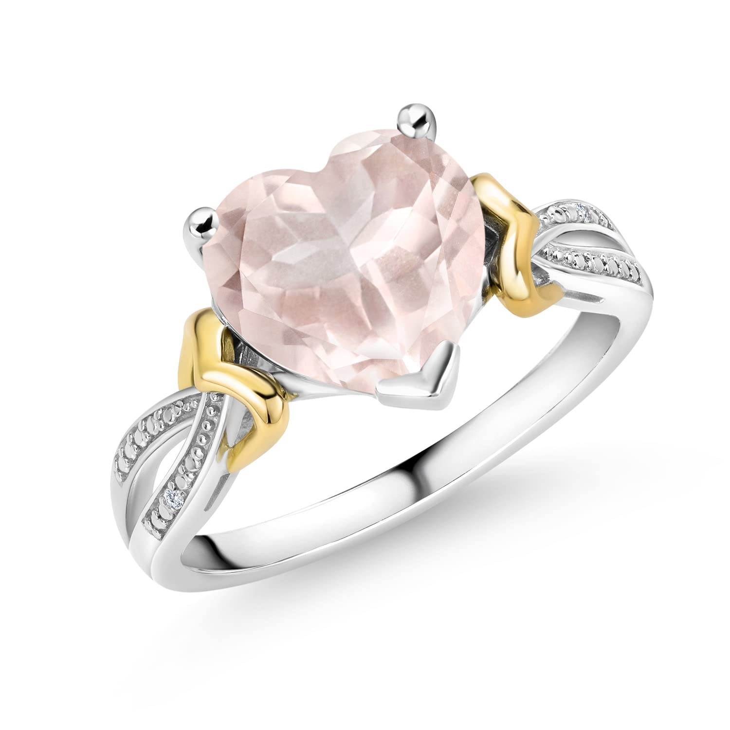 Gem Stone King 925 Sterling Silver and 10K Yellow Gold 10MM Heart Shape Rose Quartz Ring For Women (3.22 Cttw, Available In Size 5, 6, 7, 8, 9)