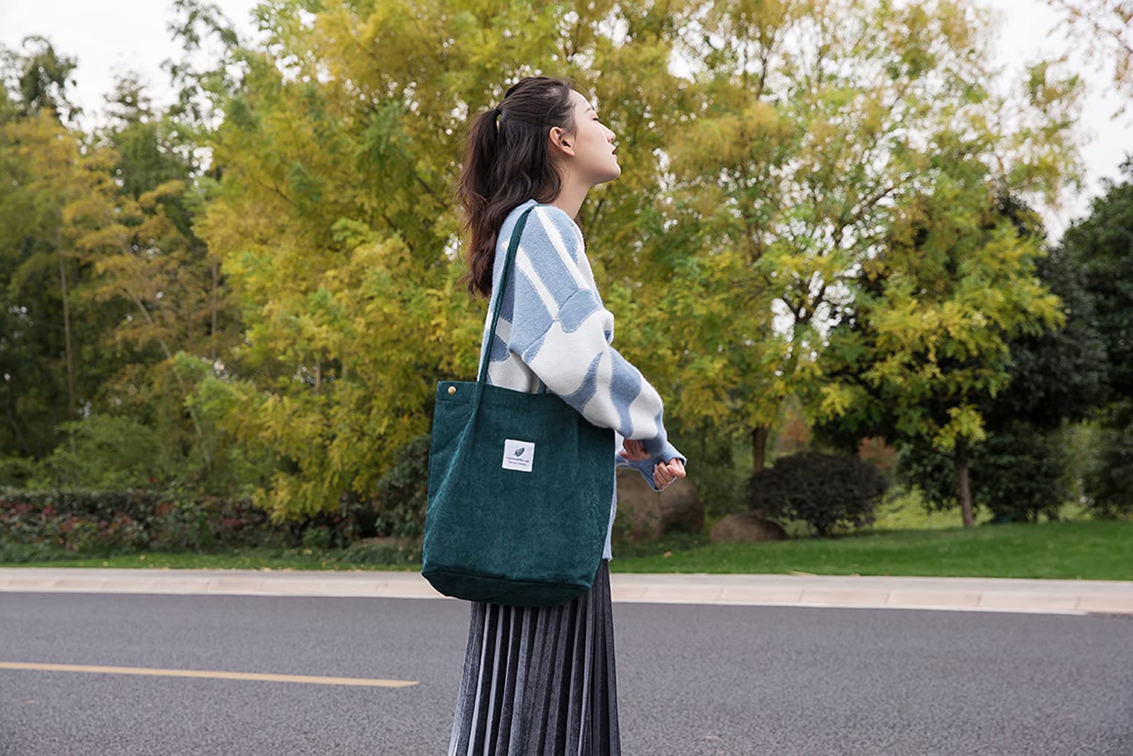 GuaziV Canvas Tote Bag Zipper School Shoulder Bag (Green)