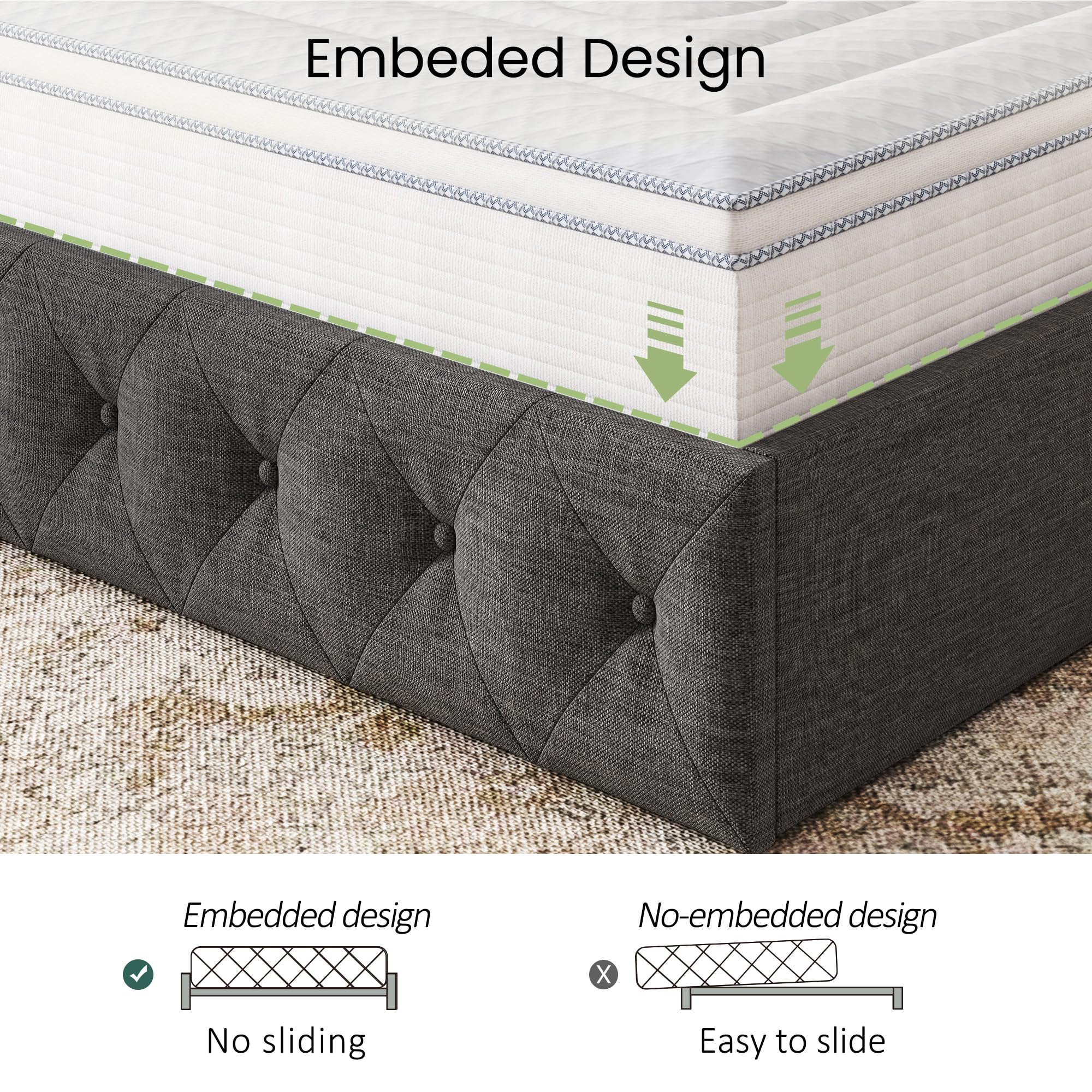 LARMACE King Size Bed Frame with 4 Storage Drawers and Wingback Headboard Linen Upholstered Platform Bed Tufted Bed Frame with Wood Slats Support, No Box Spring Needed, Light Grey