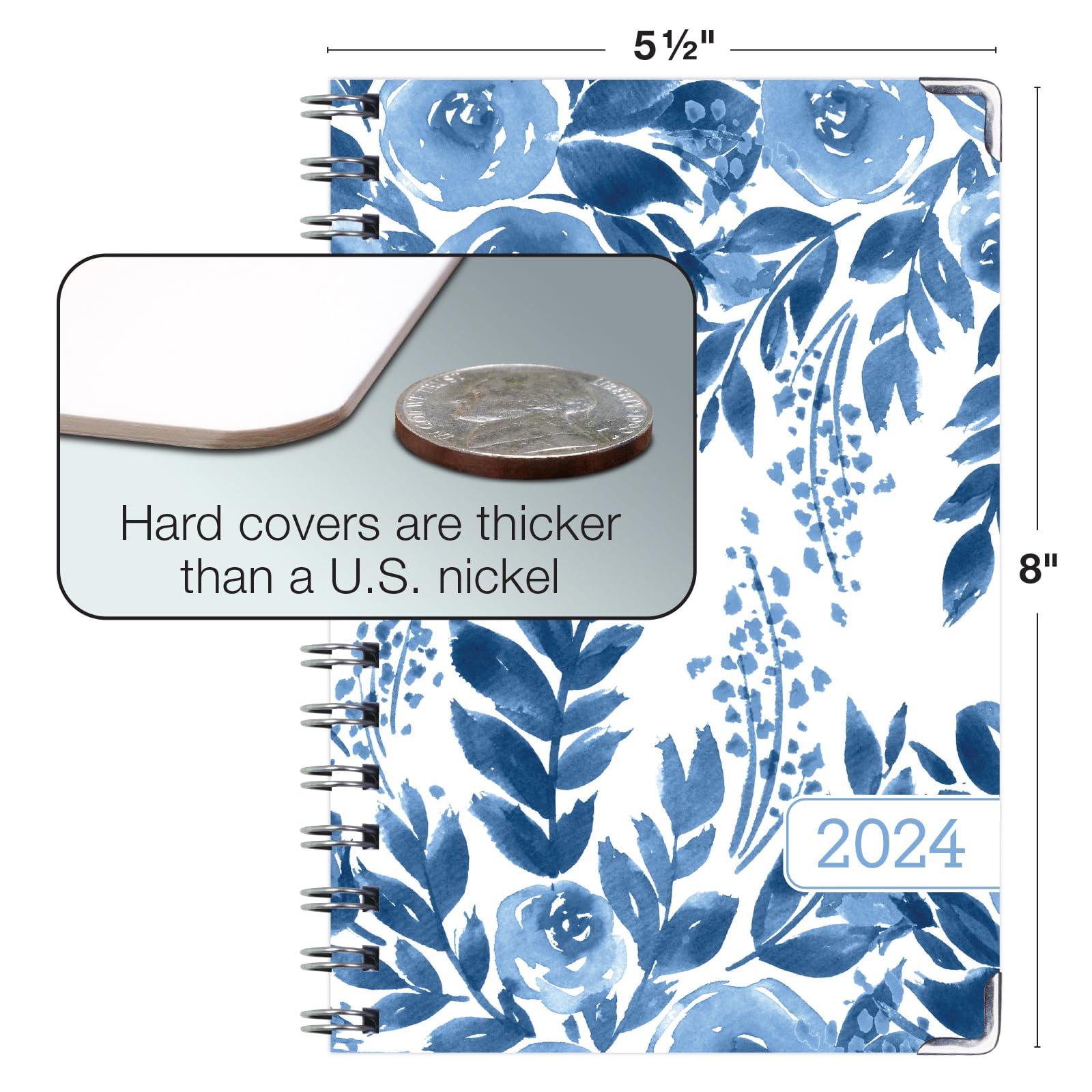 Global Printed Products HARDCOVER 2024 Planner: (November 2023 Through December 2024) 5.5"x8" Daily Weekly Monthly Planner Yearly Agenda Bookmark, Pocket Folder & Sticky Note Set (Blue Bloom)