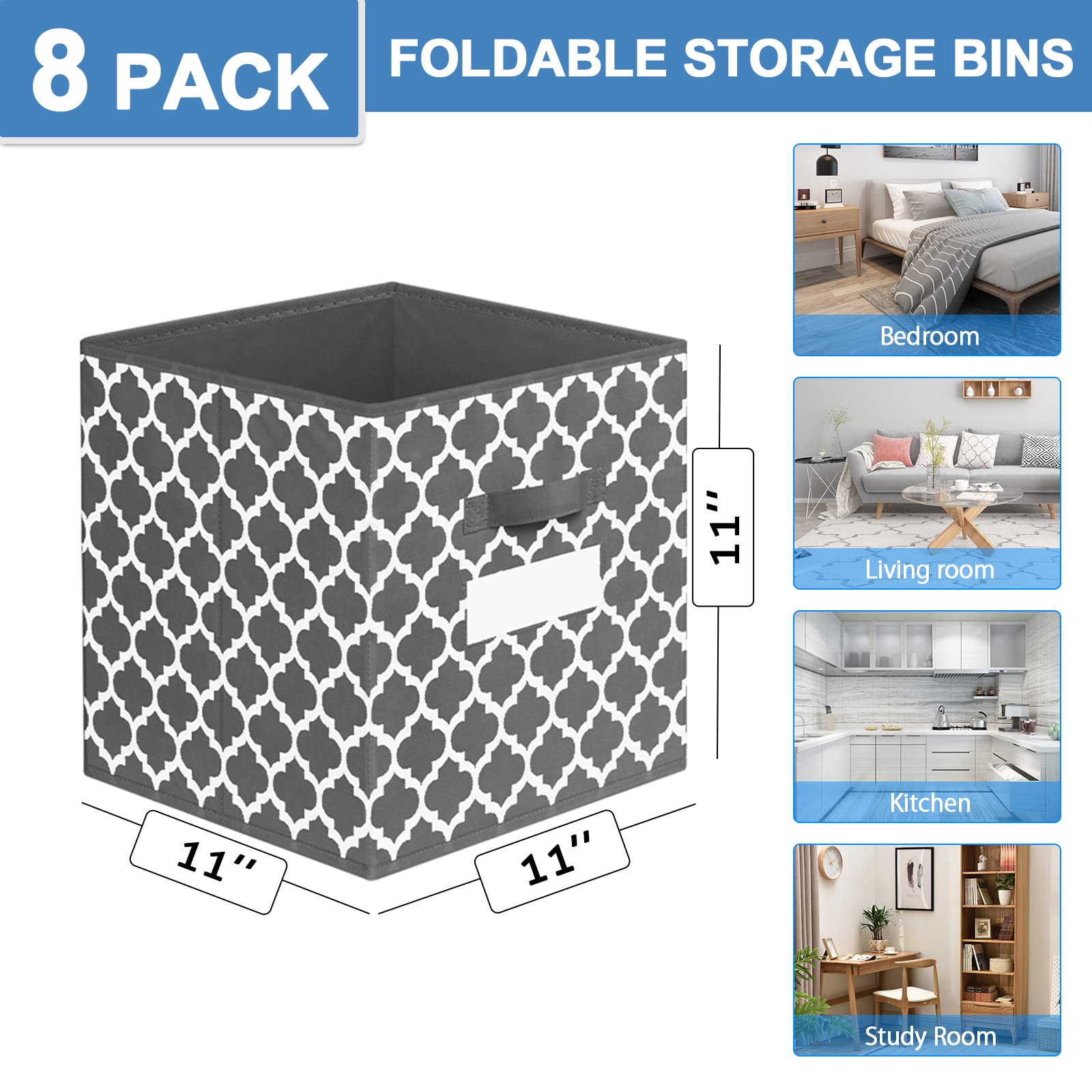 homyfort Foldable Storage Cube Bins 11x11 inches, Fabric Storage Bin Baskets Box Organizer with Labels and Dual Plastic Handles for Shelf Closet, Nursery, Set of 8 Grey