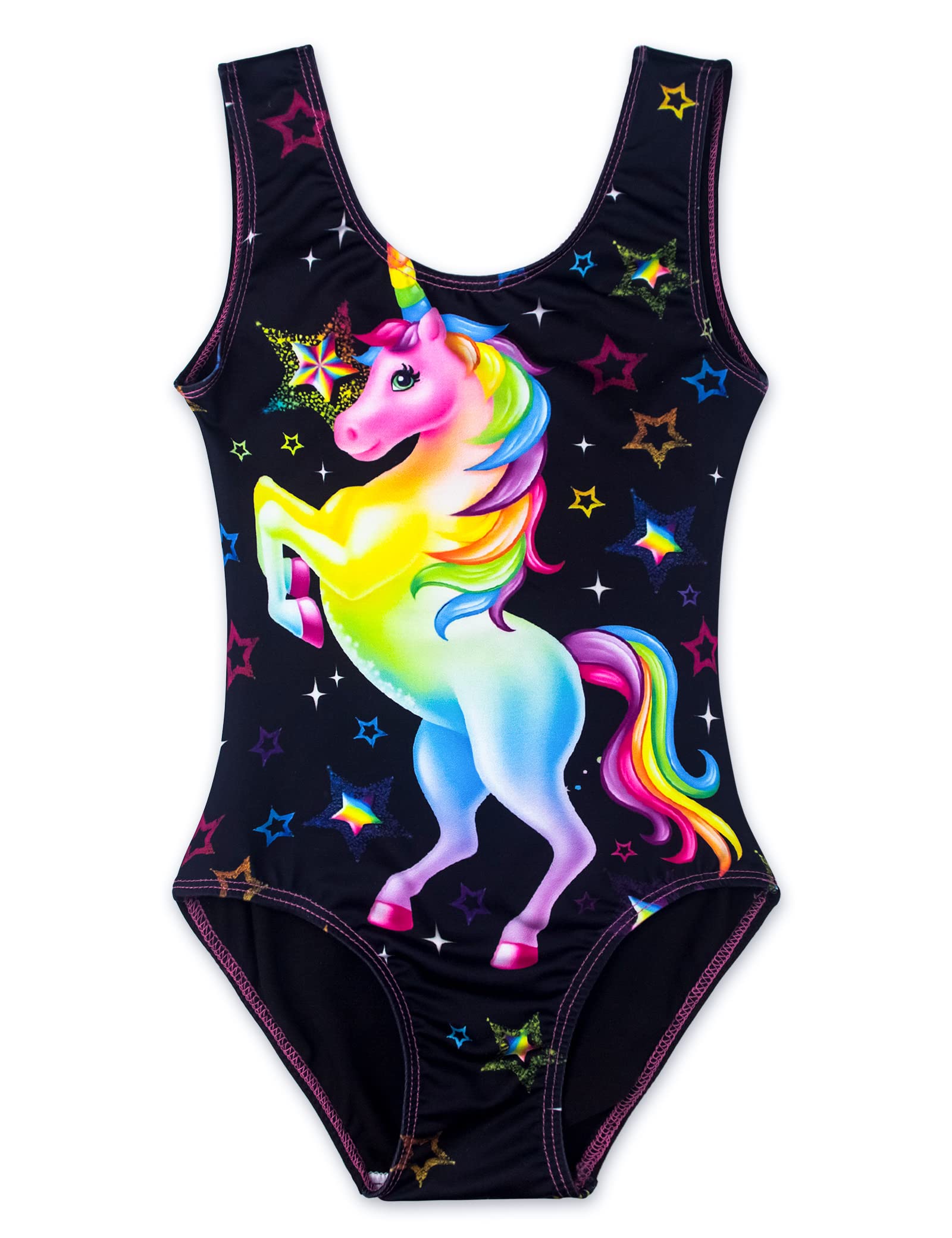 Jinhiteam Leotards for Girls Gymnastics Size 7-8 Years Old Black Unicorn Stars Printed Tumbling Outfit Practice Bodysuit