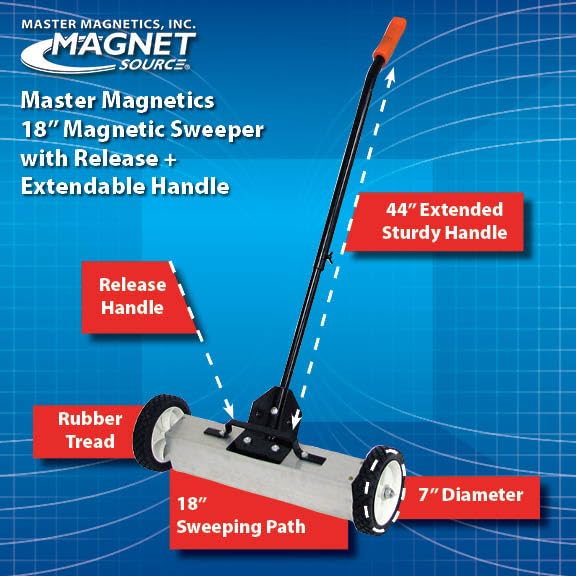 Master Magnetics Magnetic Floor Sweeper with Release - 18β Sweeping Width, Adjustable Sweeping Height, Adjustable Handle, 07543