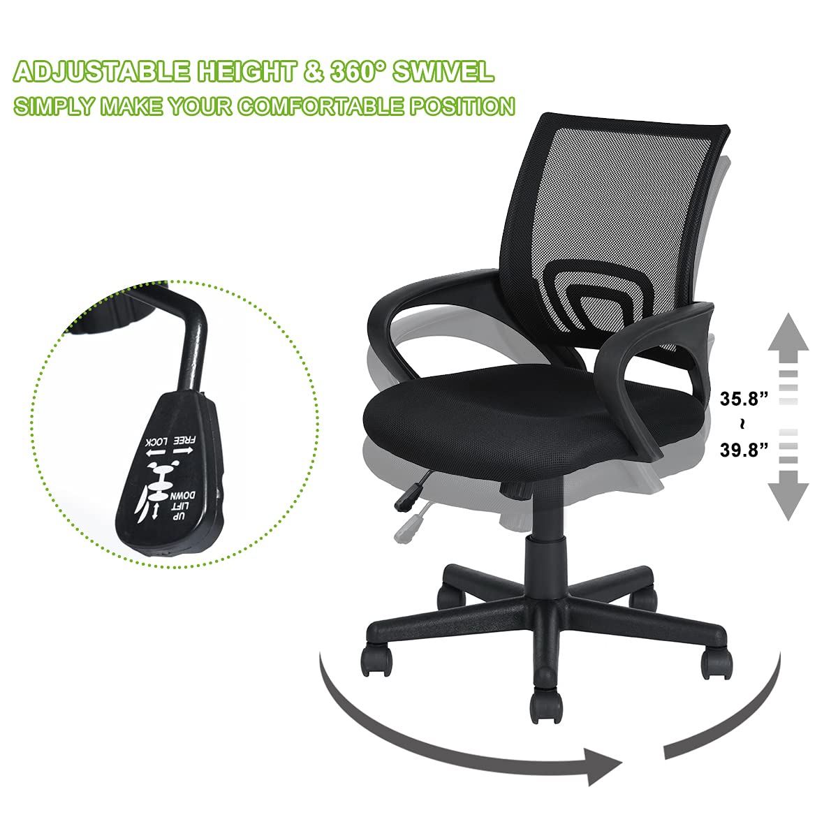 Geniqua Ergonomic Mid Back Support Mesh Computer Task Chair Adjustable Height Rolling Swivel for Work, Home Office, Black