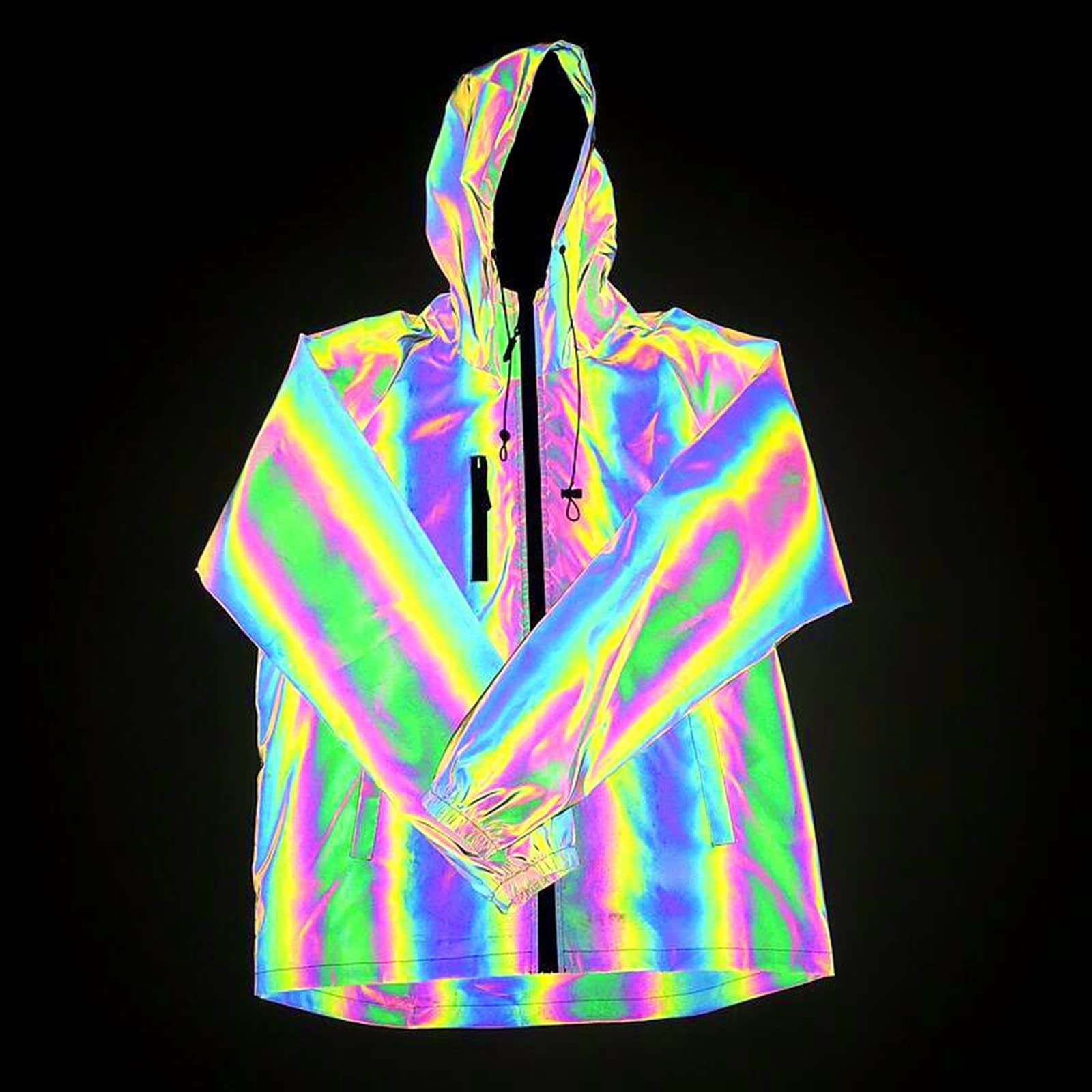 Glow Rainbow Hip Hop Jackets Black Reflective Jacket for Men and Women Hooded Zipper Waterproof Coat Windbreakers Zipper