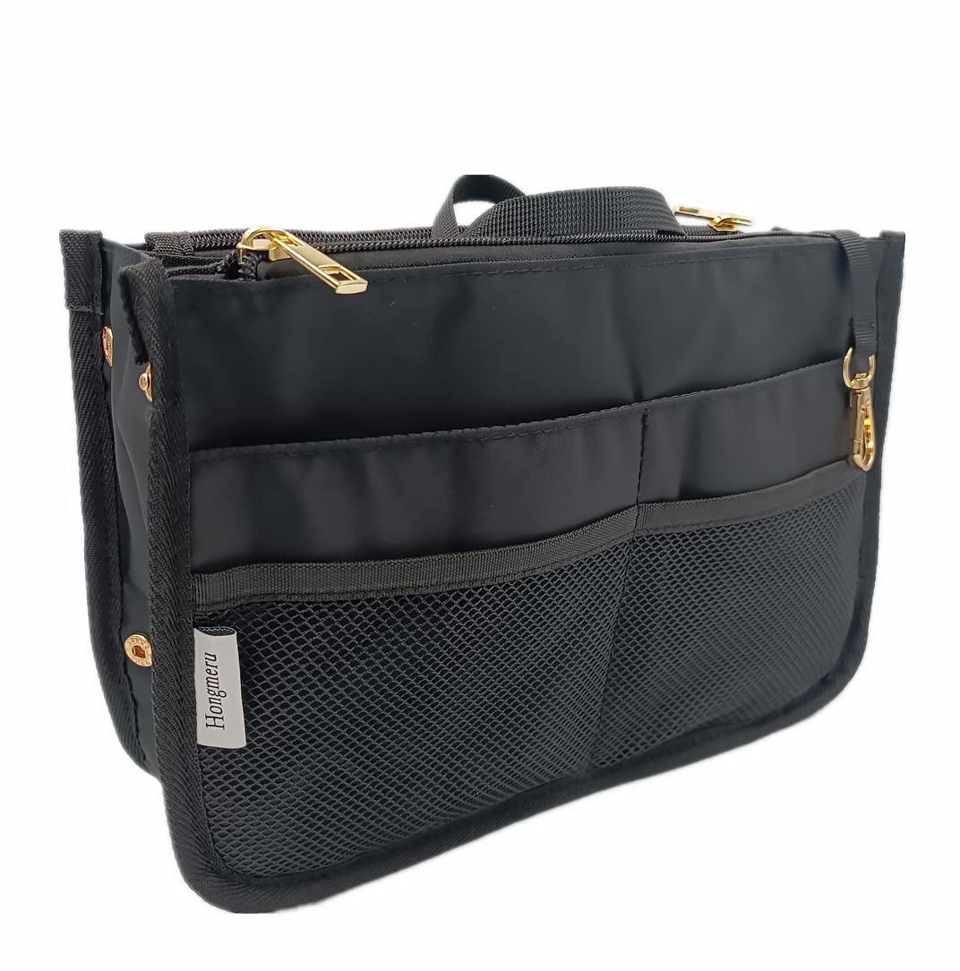 Hongmeru Purse Organizer Insert for Handbags, Tote Bag Organizer Insert with 11 Pockets, Bag Organizer for Tote with Handle, Nylon, Foldable, Tote Organizer Insert with Metal Zipper and Hook Black