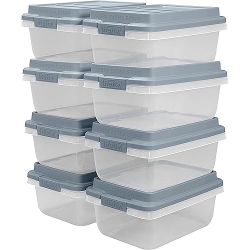 Hefty HI-RISE Stackable Storage Bins - Under Bed Storage Containers with Lids, Shoe Organizer, Plastic Storage Bins, Clear Shoe Boxes with XL Lid-Locking Latches, Durable Double Rim - 18qt (8 Pack)