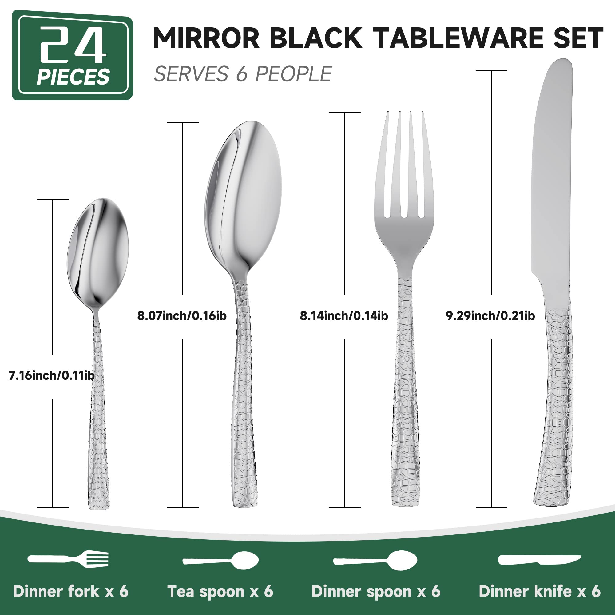 Hammered Silverware Set for 6, Stainless Steel Eating Flatware Cutlery Set 24-Piece for Home Kitchen Hotel Restaurant Party, Mirror Finished&Dishwasher Safe (Silver)