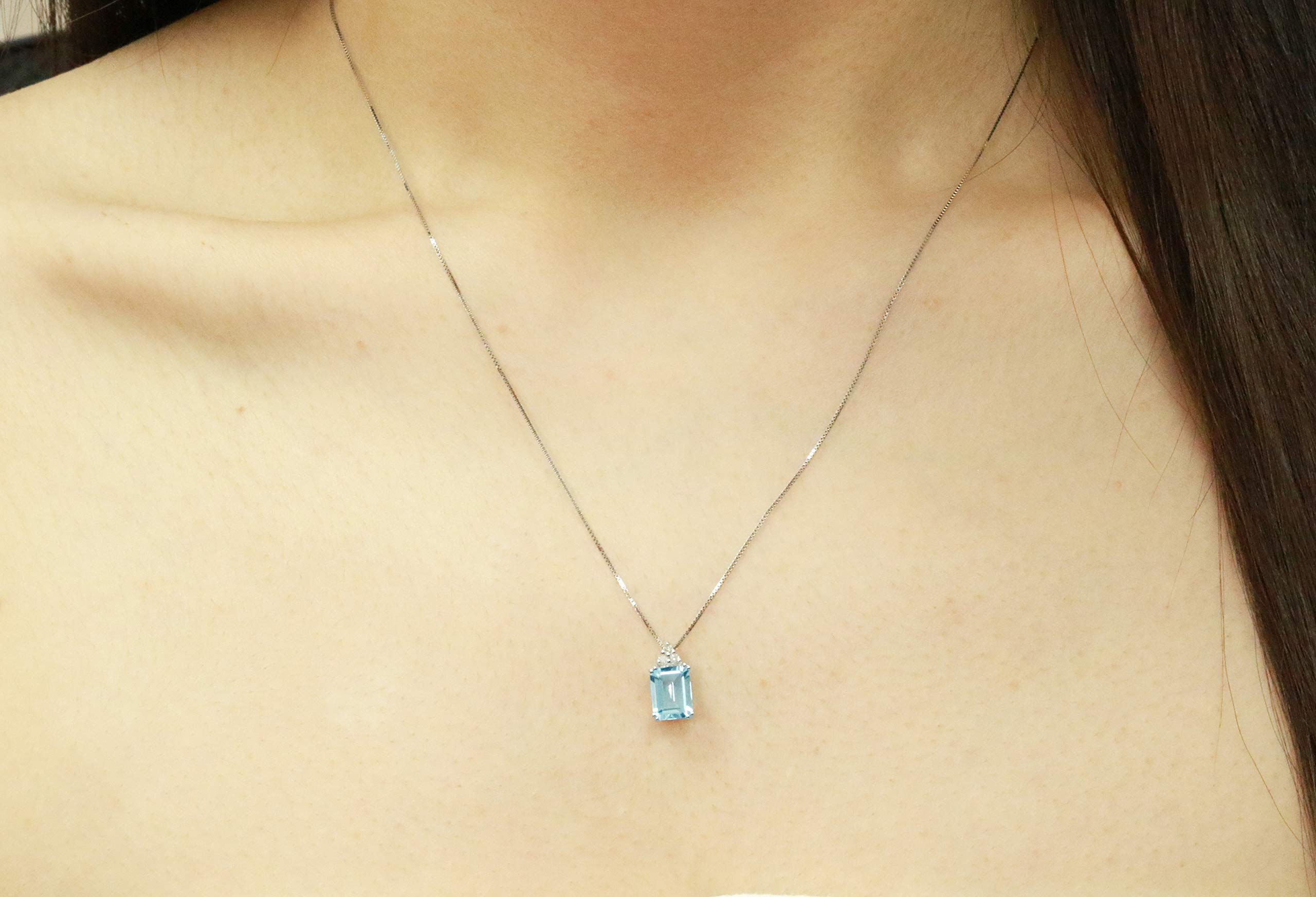 Gin & Grace 14K White Gold Genuine Emerald Cut 1.35 Ct Aquamarine & Natural Diamond (I1,I2) Big Cocktail Pendant for Women