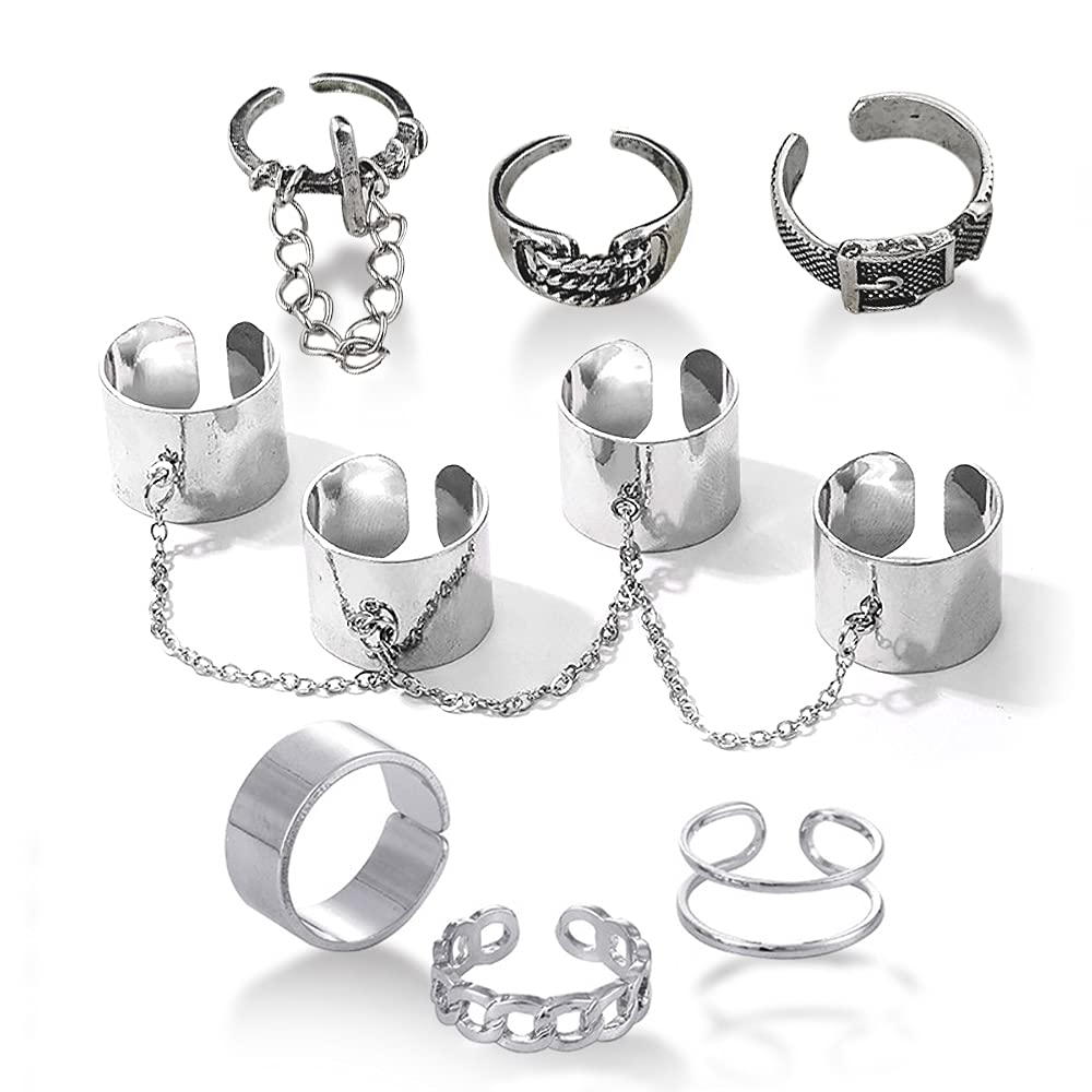 HUJUON 10-17Pcs Gothic Punk Rings Set,Vintage Chain Finger Rings Adjustable Alloy Biker Obsidian Chain Open Rings Knuckle Stackable Midi Ring Joint for Women (10pcs)
