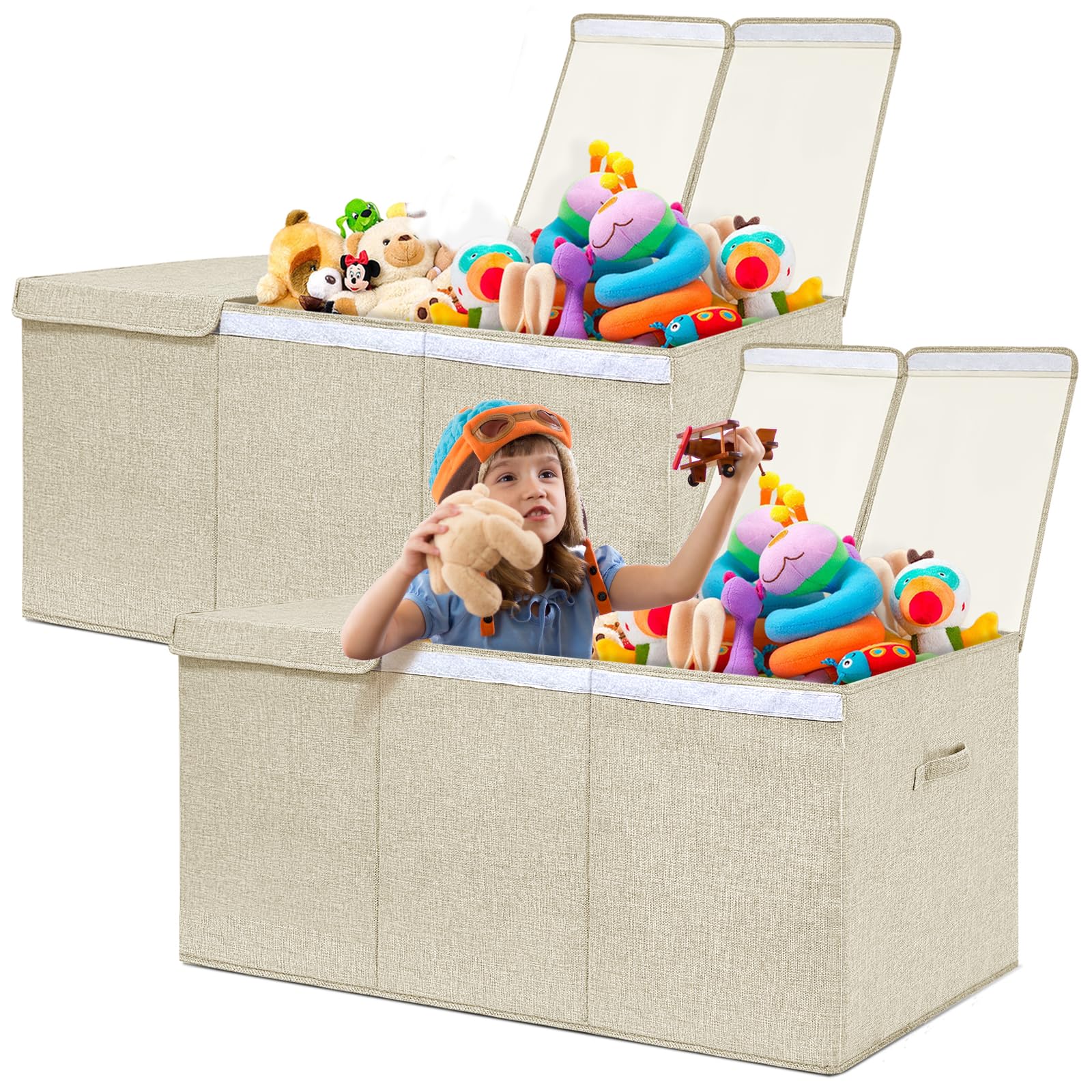 Hoyula Extra Large Fabric Toy Box Storage Container, Collapsible Sturdy Linen Organizer Chest with Lid Bins Basket for Kids, Nursery Room, Playroom, Closet, Beige, 1 pack