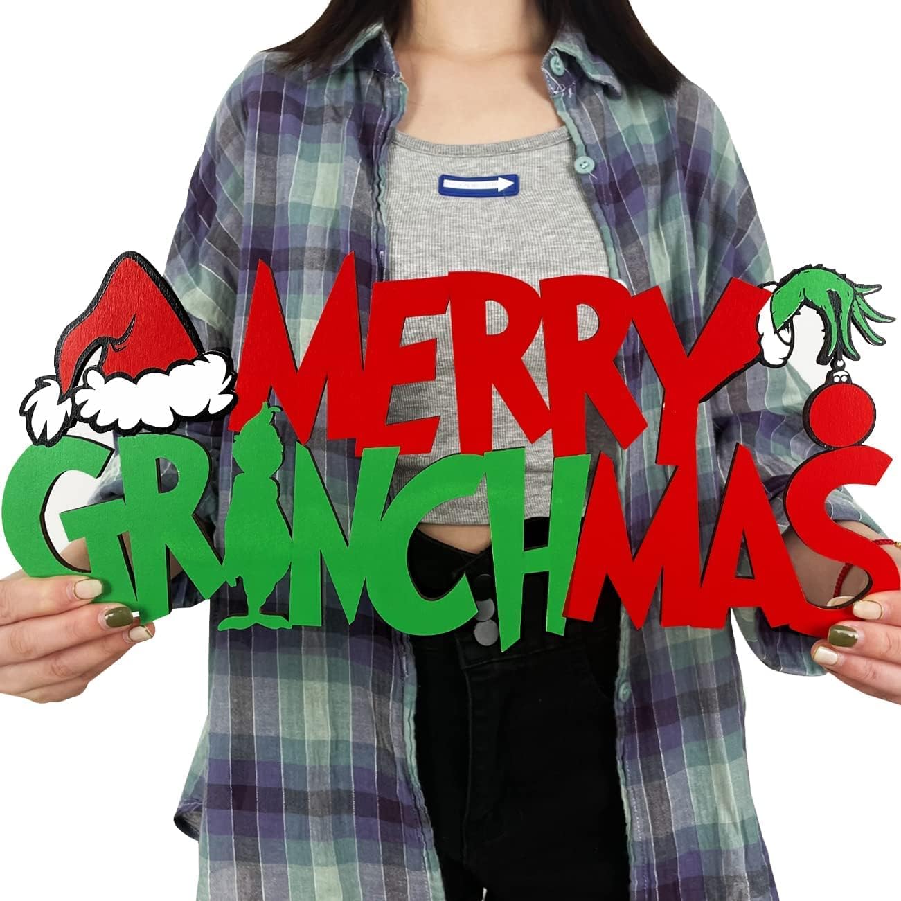 Grinchs Christmas Decorations Merry Grinchmas Wooden Door Hanging Sign Merry Christmas Sign Photo Props for Indoor Outdoor Wall Decor Christmas Tree Ornaments Xmas Party Supplies