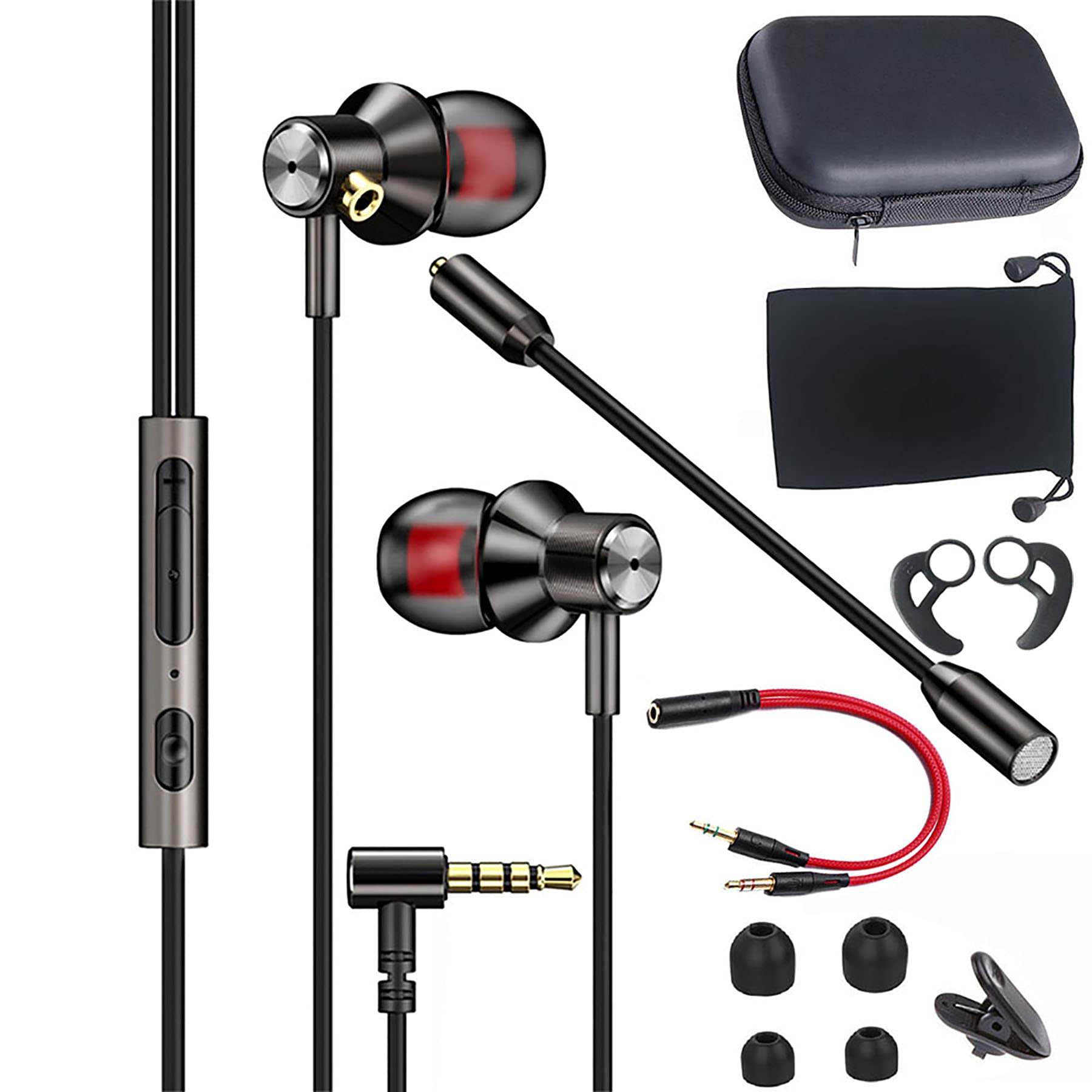 Gaming Earbuds 3.5mm Jack with Microphone Headset with Detachable Mic Volume Control Earbuds Metal Shell Earphone Gamer Noise Cancelling Wired Headphone for PS4, Nintendo, PC Laptop, Phones (Black)