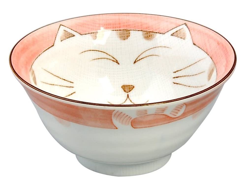 JapanBargain 2482, Japanese Porcelain Soup Bowl for Dinner Lunch Rice Poke Donburi Udon Ramen Noodle Pasta Cereal Maneki Neko Smiling Lucky Cat Pattern for Cat Lovers Made in Japan, 6-inch, Pink