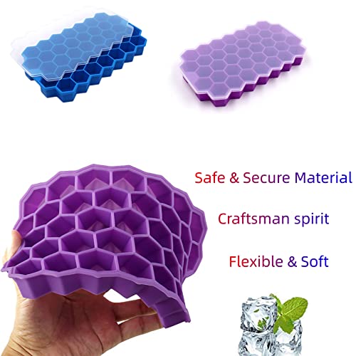 Ice Cube Tray for Freezer 2 Pack Silicone Ice Cube Molds with Lid 74 Cubes Ice Maker Countertop for Drinks Whiskey Cocktails Coffee Milk, Purple & Blue
