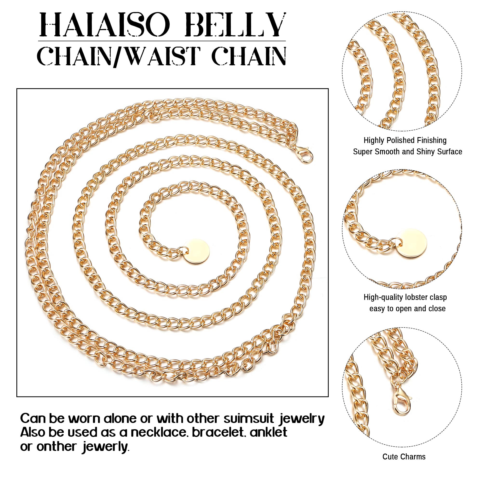 HAIAISO 5PCS Belly Waist Chain Multi-layer Metal Waist Chain Adjustable Body Link Belts Summer Bikini Sexy Waist Body Chain Jewelry for Women(Gold)