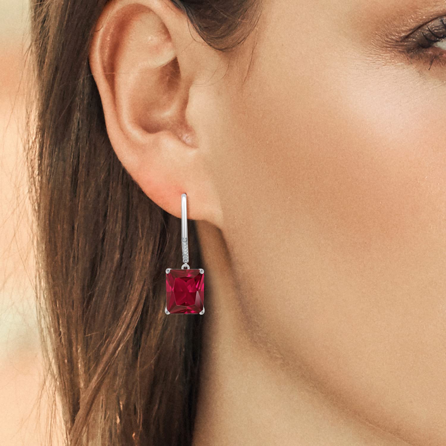 Gem Stone King 925 Sterling Silver Red Created Ruby and White Diamond Dangle Earrings For Women (11.50 Cttw, Emerald Cut 12X10MM)