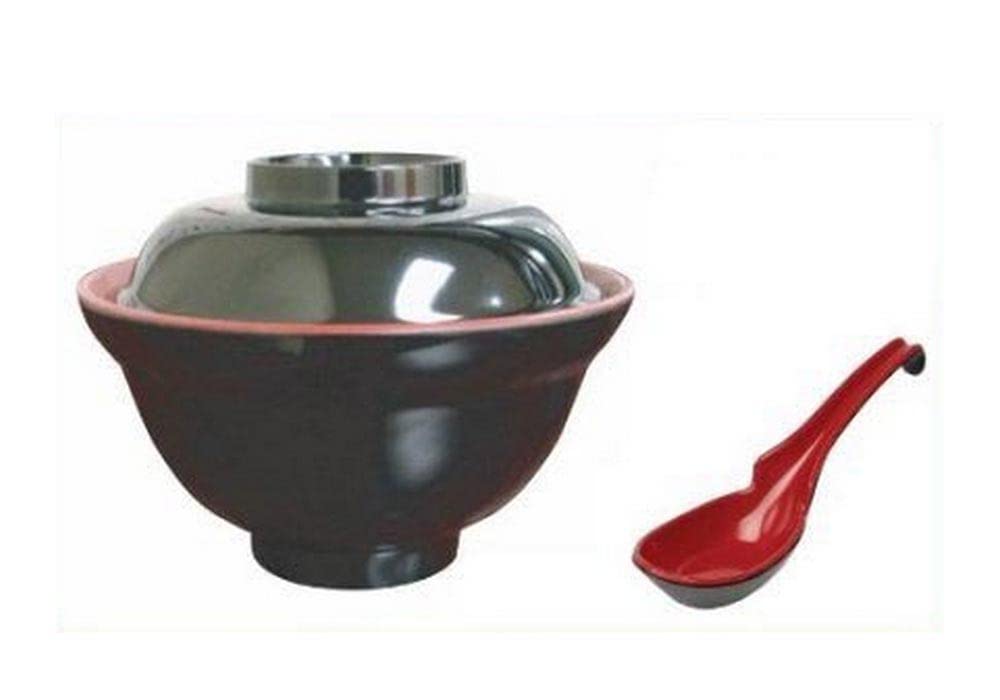 JapanBargain, Soup Bowl with Lid and Spoon for Miso Soup Rice Poke Donburi Noodle Pasta Cereal Black and Red Color Japanese Style with Hook Spoon, 21 oz (1, 21oz w/Gift Box)