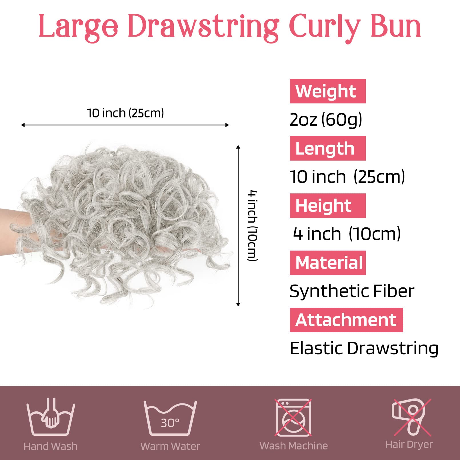 HOOJIH 1PCS Messy Hair Bun Piece Elastic Drawstring Loose Wave Large Curly Bun 60 Gram Short Synthetic Ponytail Hair Bun Extension for Women Daily Use - Silver Gray With Brown mixed
