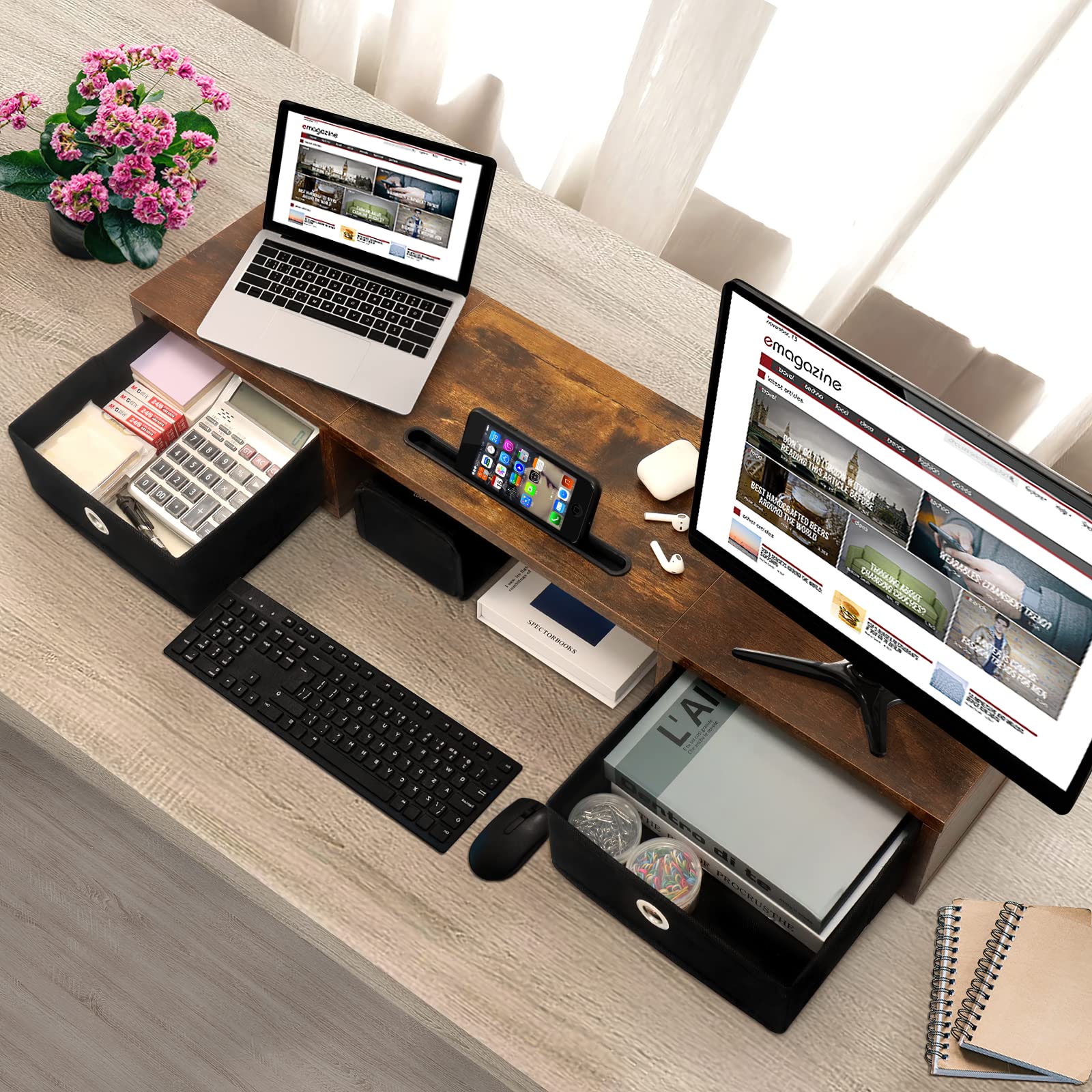 JMLHMXC Dual Monitor Stand with Two Drawers,Extra Large Storage Computer Monitors Stand for Office,Dual Monitor Riser for Printer,Laptop,Screen,TV