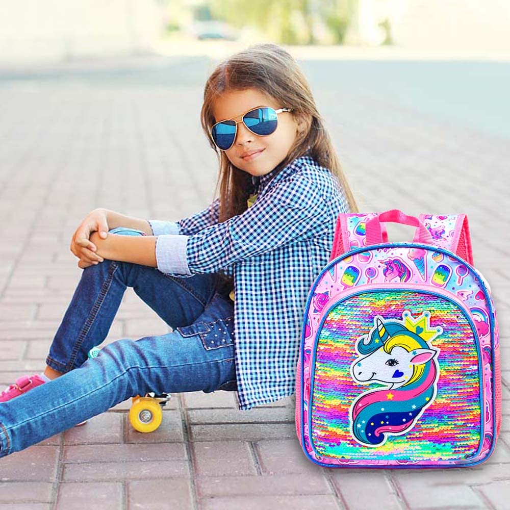 gxtvo Toddler Backpack for Girls, Unicorn Sequin Preschool Bookbag, 12" Cute Cartoon Animal School Bag