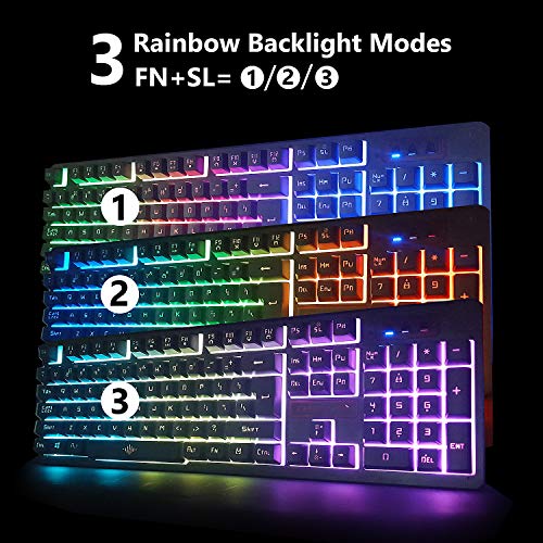 Gaming Keyboard and Mouse Headset Combo,4 in 1, USB Wired 104 Keys Rainbow Gamer Keyboard and 2400 DPI Adjust 3 Color Crack Backlight Mice 3.5 Jack Camouflage Headphones Mousepad for Office Game