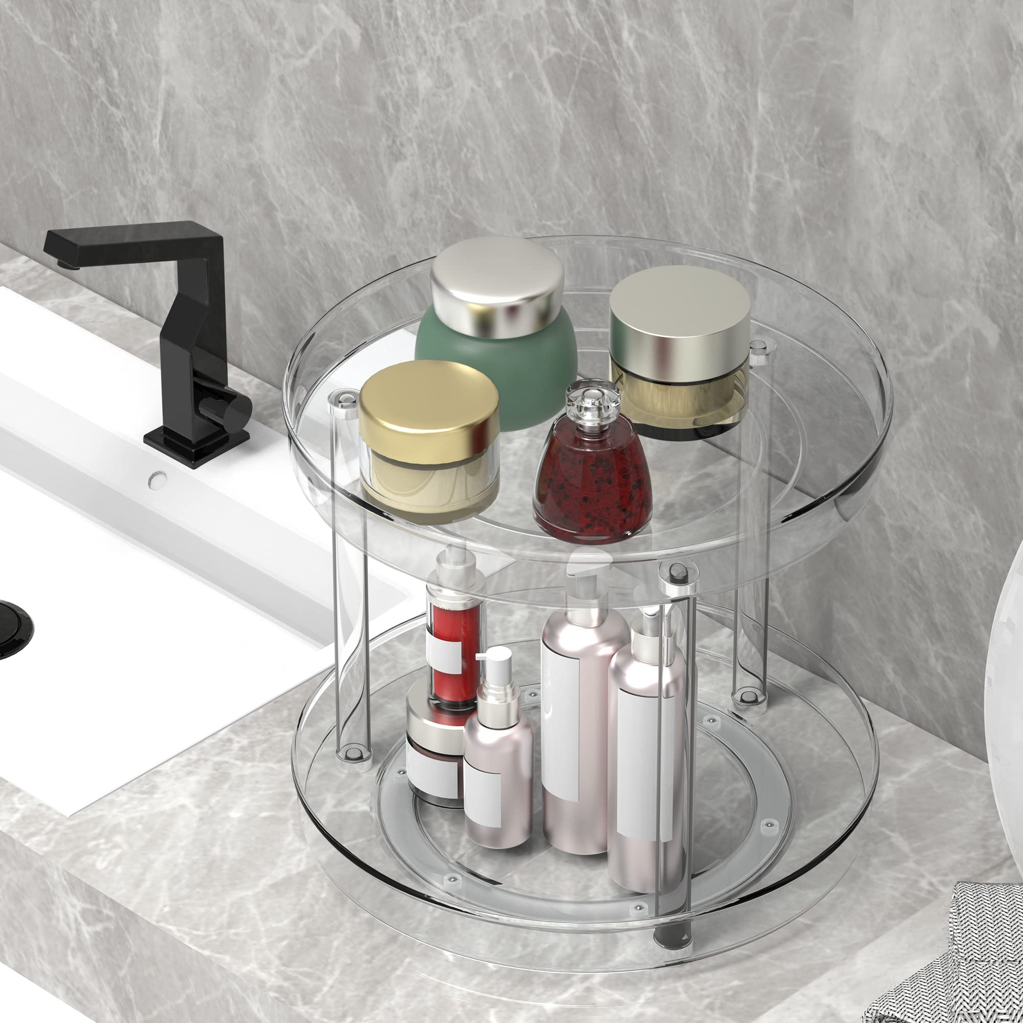 HYDROWE Lazy Susan Organizer 2 Tier, Round Plastic Turntable Organizer Organization Storage Container Bins,Spinning Organizer for Spices,Vanity Countertop Makeup Organizing(2 Tier 9.25 Inch)