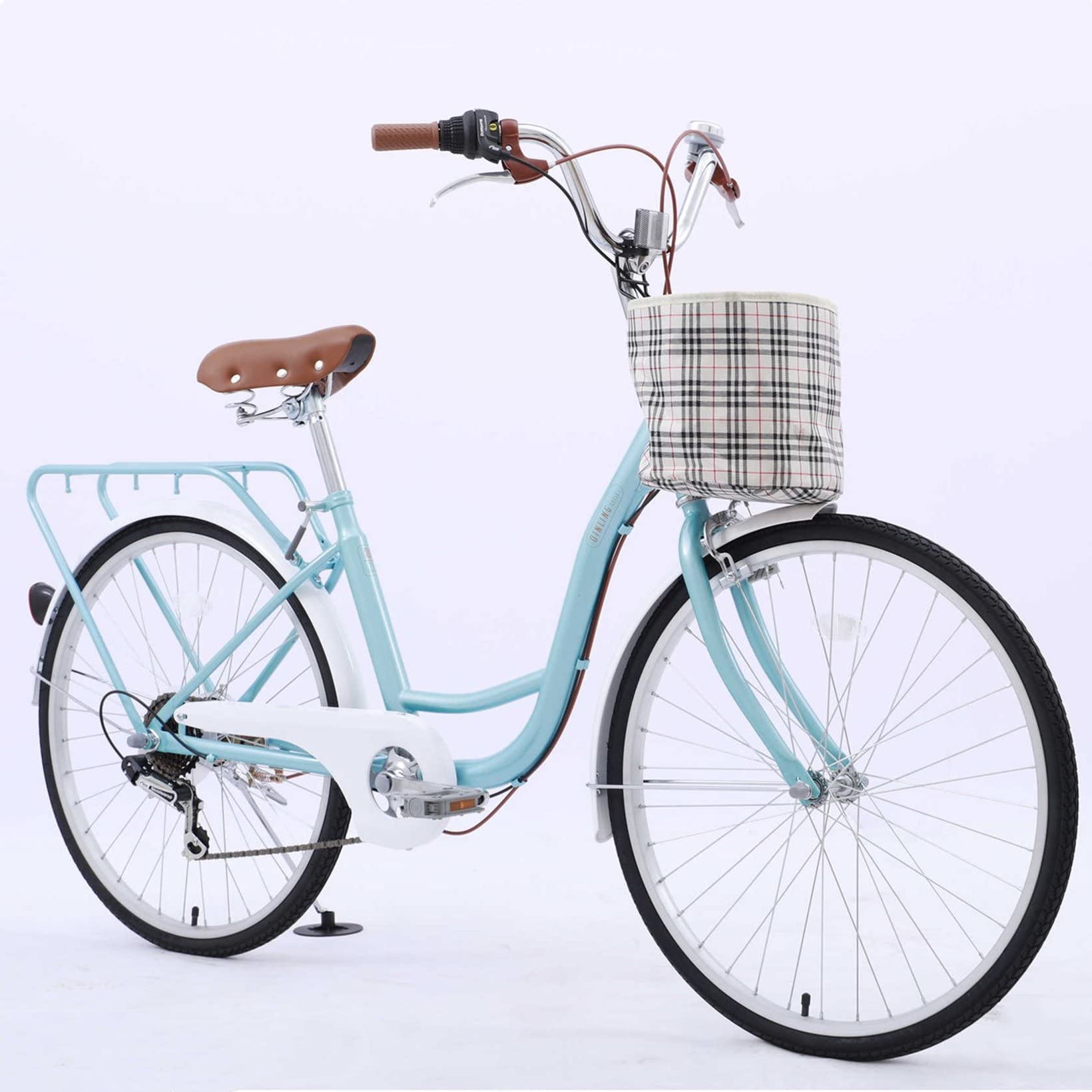Gmlmes Beach Cruiser Bike, 7 Speed Bicycle 24-Inch 26-Inch Commuter Bicycle High-Carbon Steel Frame, Front Basket & Rear Racks Retro Bicycle (Beige,24)