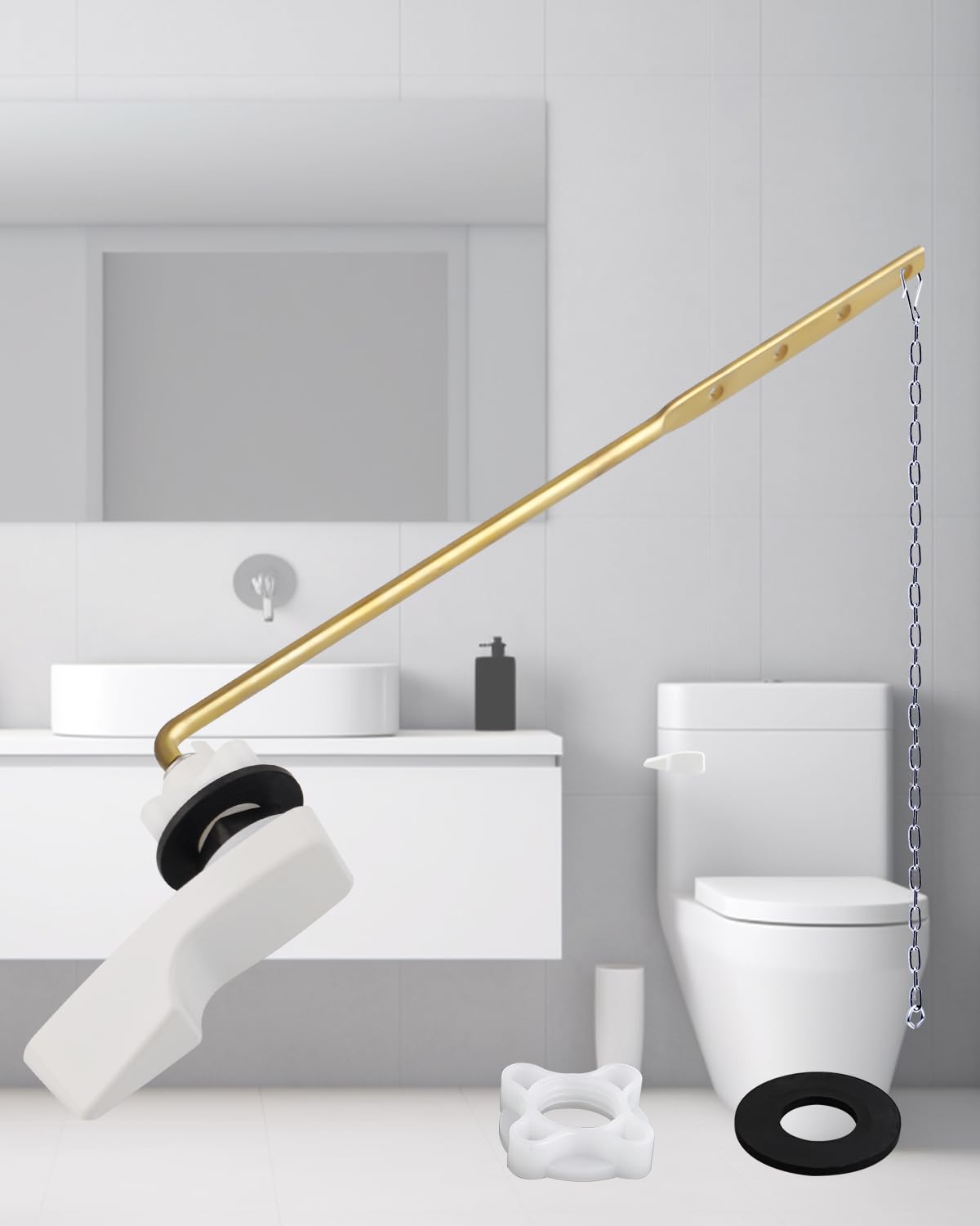 Hibbent Toilet Handle Replacement, Front Mount Tank Flush Lever Handle Compatible with American Standard, Toilet Trip Lever with Stainless Steel Flapper Chains, White