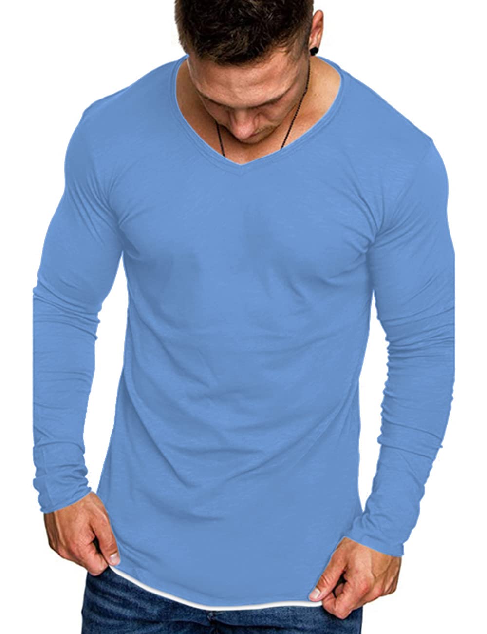 iWoo Mens V Neck Sweater Long Sleeve T Shirts Gym Bodybuilding Tee Shirt Pullover Tops Basic Undershirt Tees Blue XXL