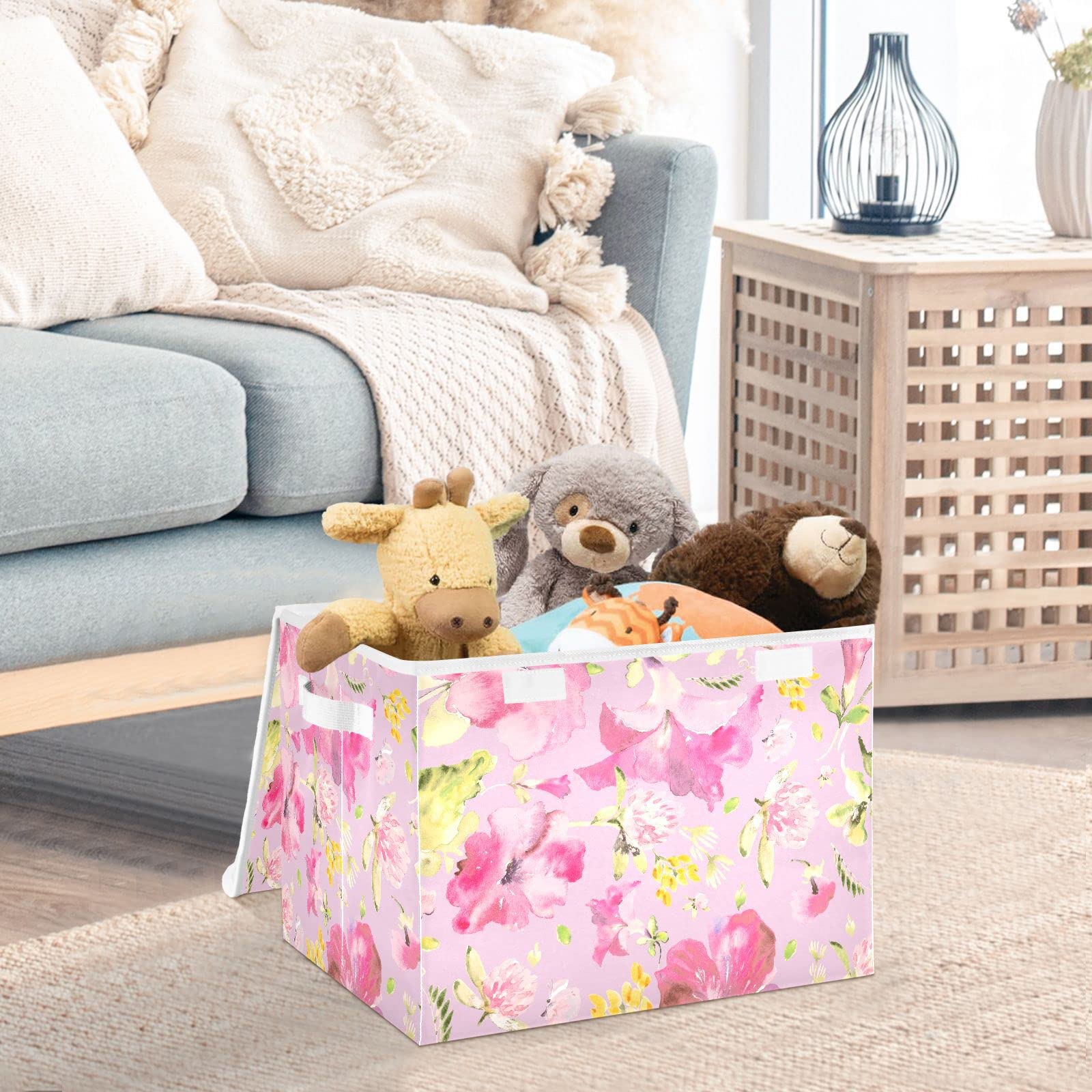 GUIJI Petunias Pink Fabric Storage Bins with Lids and Handle,Foldable Storage Bins with Lids,Closet Organizers for Clothes Storage,Room Organization, Office Storage, Chest Organizer