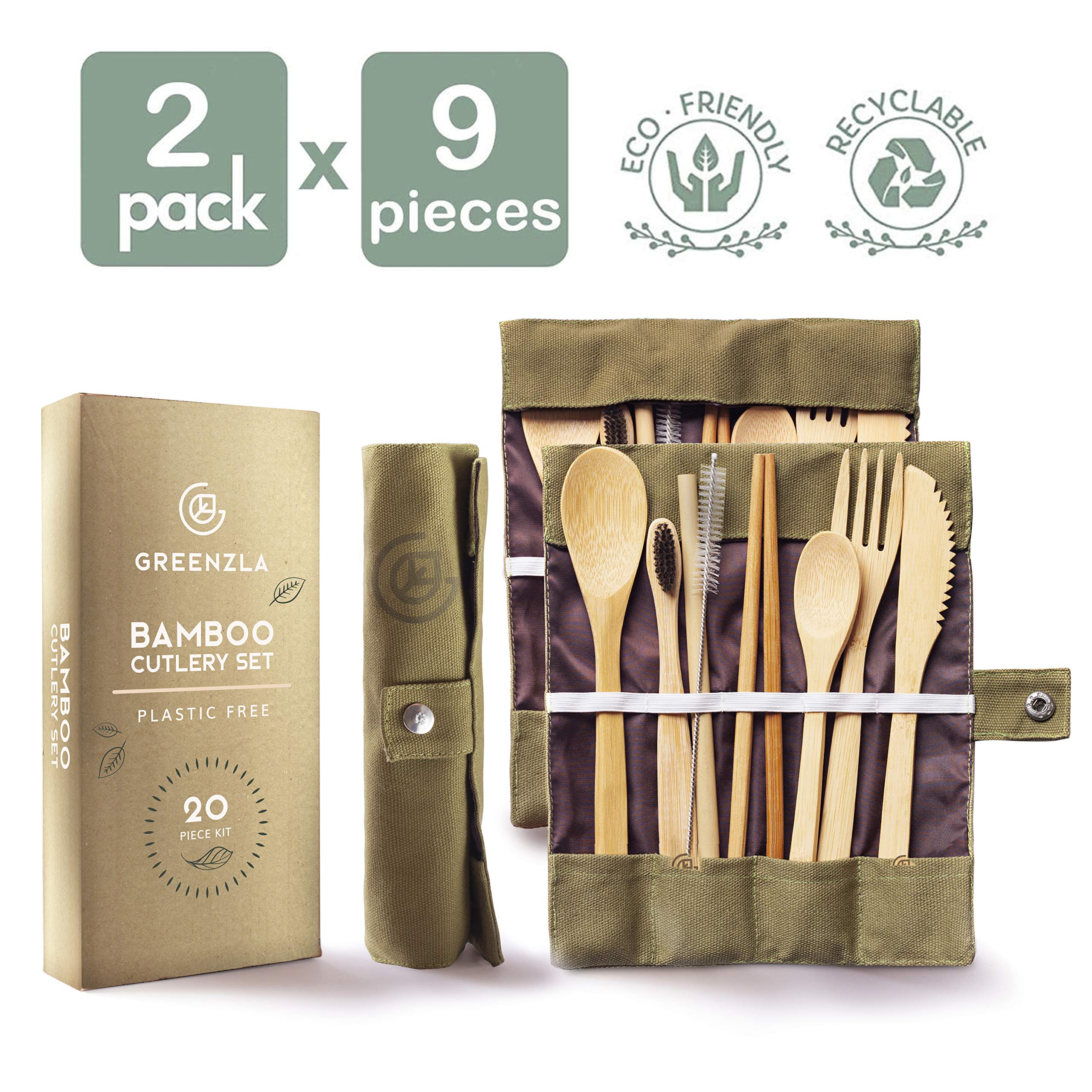 Greenzla 2-Pack Bamboo Utensils Set | With Bonus 2 Bamboo Toothbrushes | Natural Bamboo Straw, Spoon, Fork, Knife, Teaspoon, Chopsticks, Brush & 2 Storage Bags | Reusable Bamboo Cutlery set