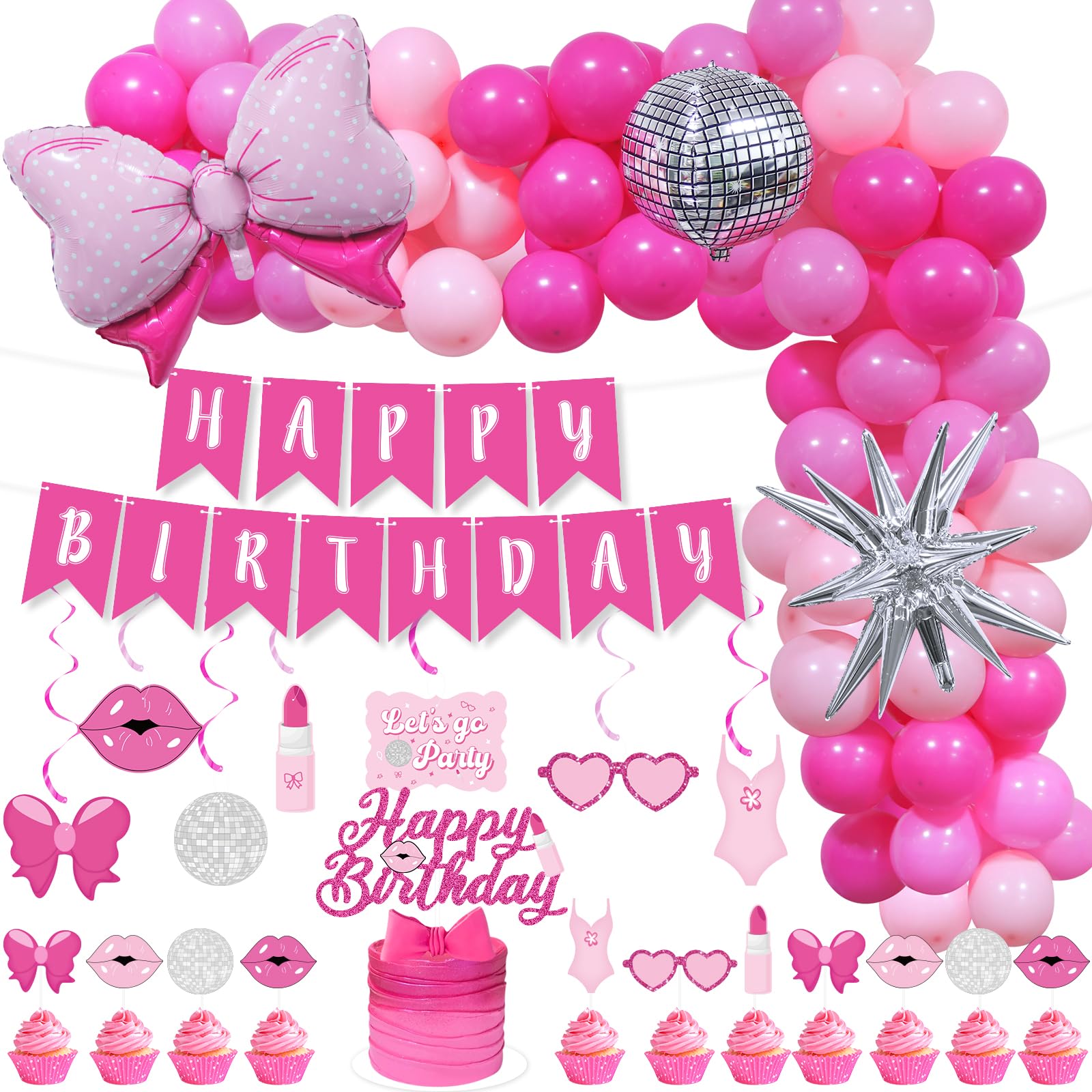 Hot Pink Girl Birthday Party Decorations, Pink Disco Ball Bow Princess Balloon Arch, Pink Happy Birthday Banner, Hanging Swirls, Cake Toppers for Princess Birthday Baby Shower Bachelorette Party Decor
