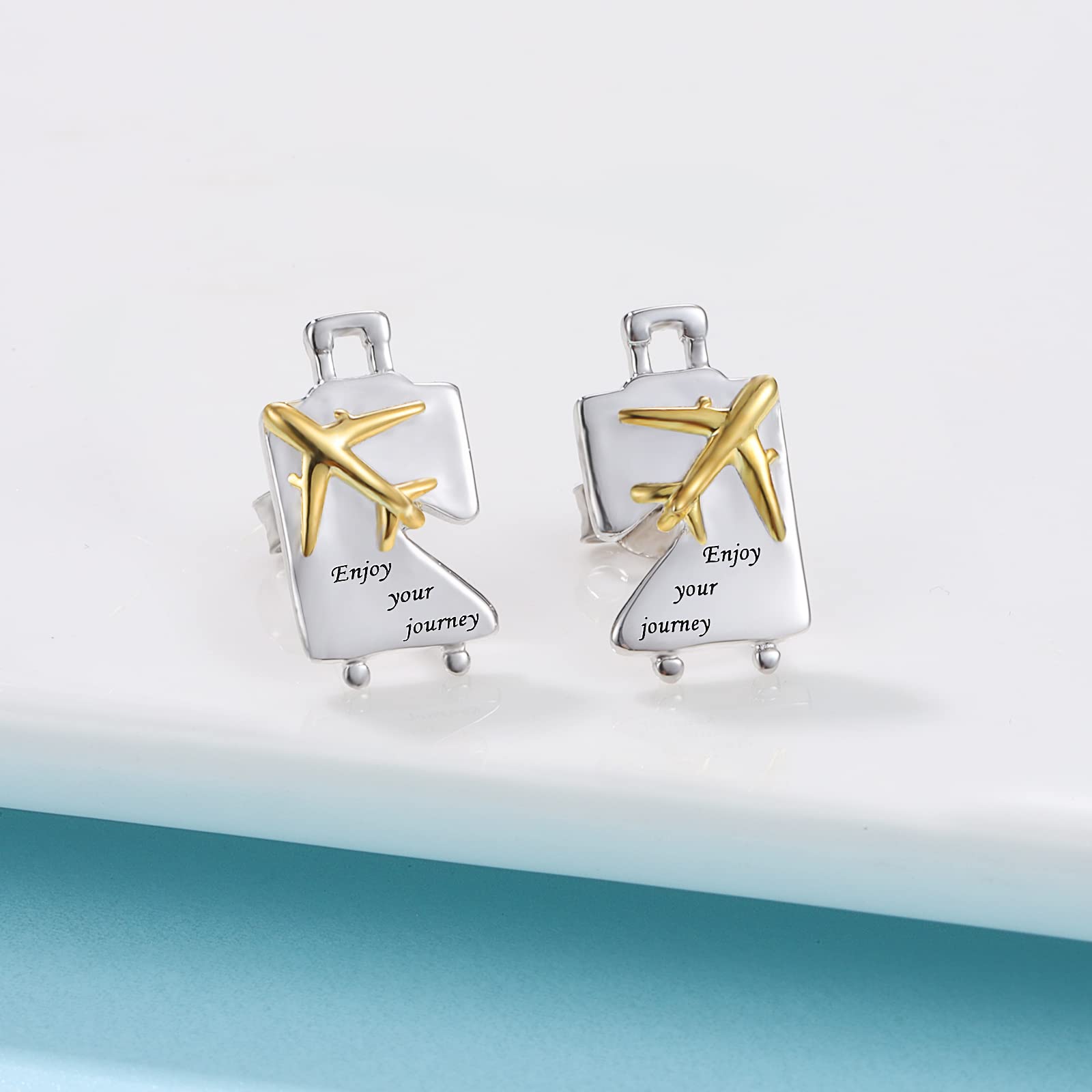 Graduation Gifts for Her Earrings,Sterling Silver Luggage Airplane Graduated Stud Earring Engraved "Enjoy your journey", Sterling Silver, No Gemstone