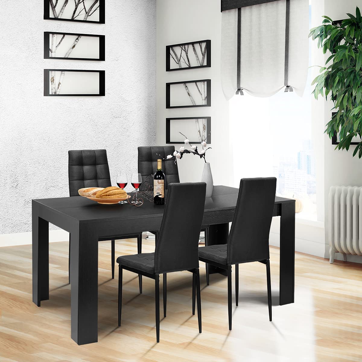 Giantex 9 Pcs Dining Table Set, Wood Rectangular Table with 8 Upholstered Chairs Set, Modern Kitchen Table Set, Black Dining Room Table Set, Home Kitchen Dinette Furniture Family Party