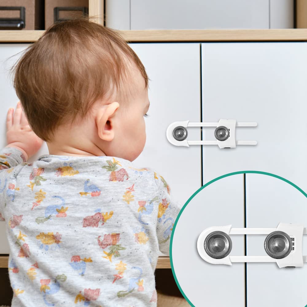 HonesaLoc 4 Packs U-Shaped Sliding Cabinet Locks, Baby Proofing Cabinets with Adjustable Child Safety Lock, Childproof Latches for Knobs, Handles on Kitchen Doors and Home Drawers Closet - White