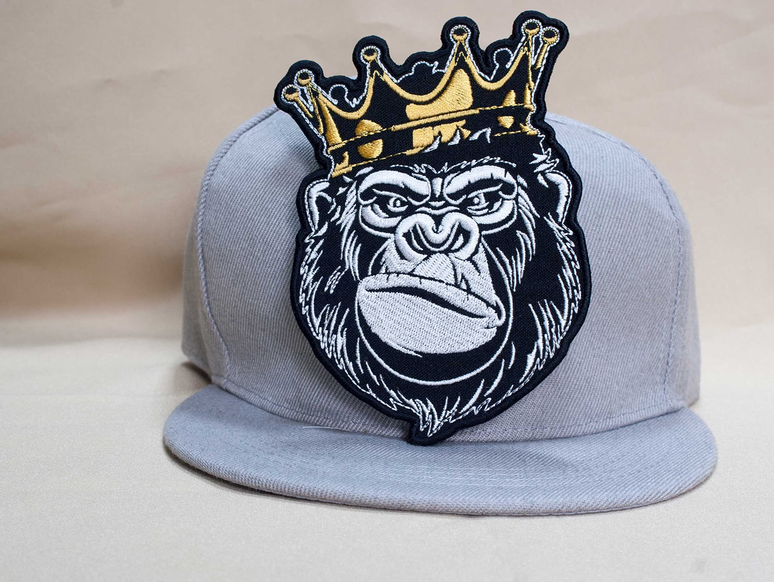 Gorilla King with Gold Crown Embroidered Patch. Iron On. Size: 5.5 X 4 inches.