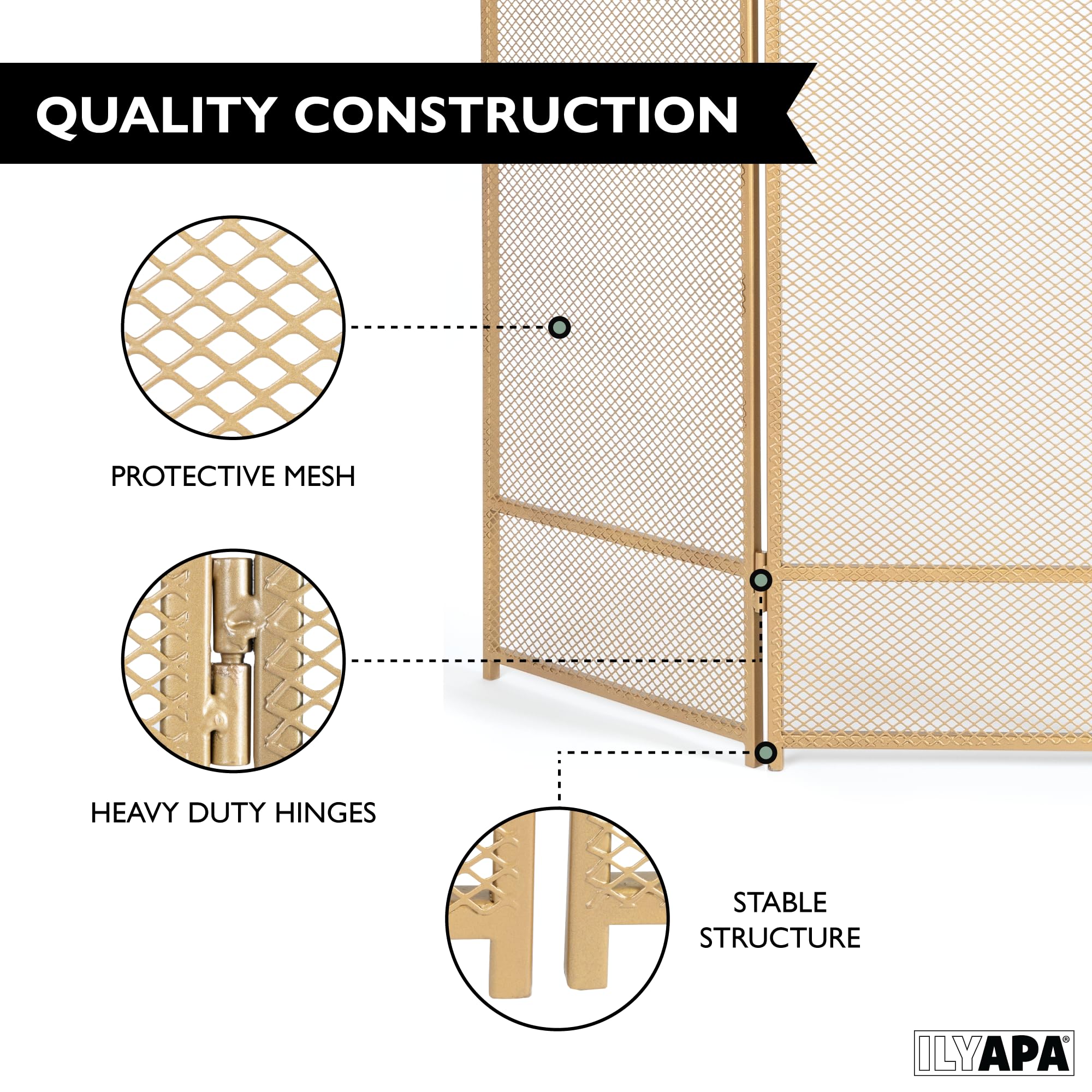 Ilyapa 4-Panel Metal Fireplace Screen for Wood Burning Fireplaces & Gas - Gold - 48 x 29 Inch - Durable Steel Mesh Spark Guard, Easy Fold Panels for Storage, Decorative Fireplace Decor For Living Room