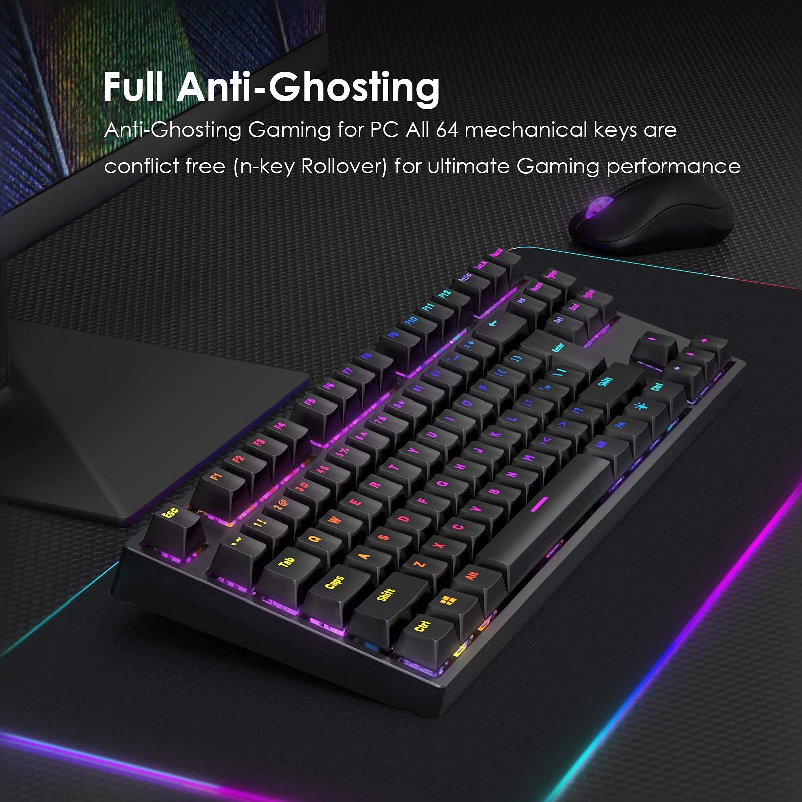 GIM Mechanical Gaming Keyboard 87 Keys LED Rainbow Backlit Small Compact Keyboard with Click Blue Switches 100percent Anti USB Wired Computer Laptop Keyboard for Windows PC Gamers Renewed KB 87
